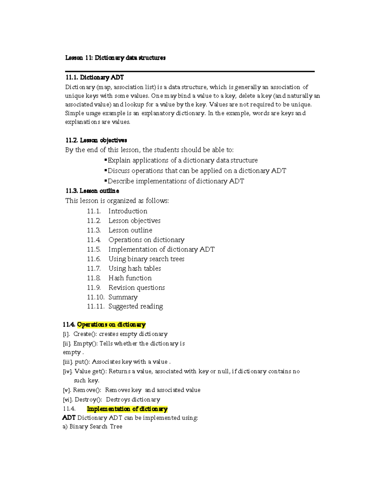 Lesson 11 - Lectures notes - Lesson 11: Dictionary data structures 11 ...