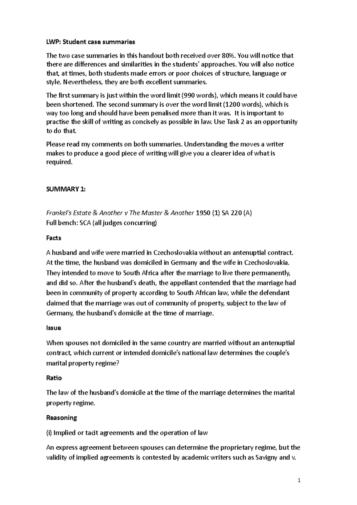 2.2 Annotated sample case summaries - LWP: Student case summaries The ...