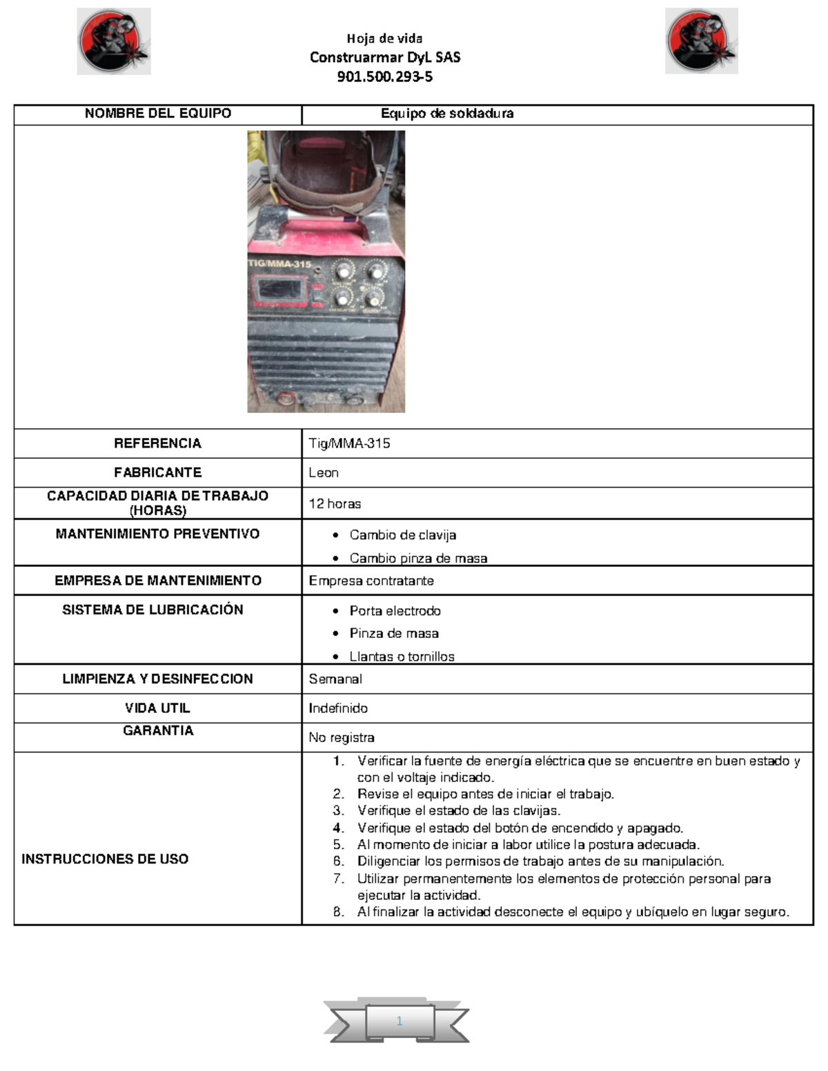 HOJA DE VIDA DE Equipo DE Soldadura - Hoja de vida Construarmar DyL SAS ...