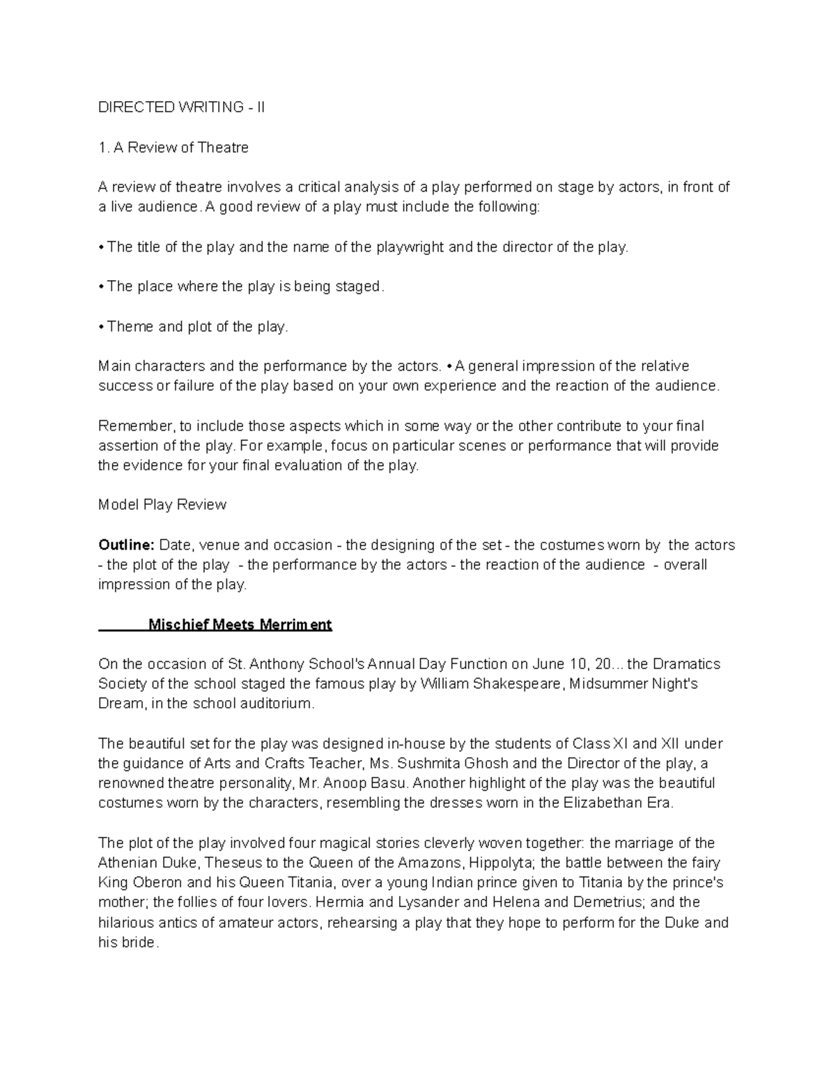 Directed Writing - DIRECTED WRITING - II A Review of Theatre A review ...