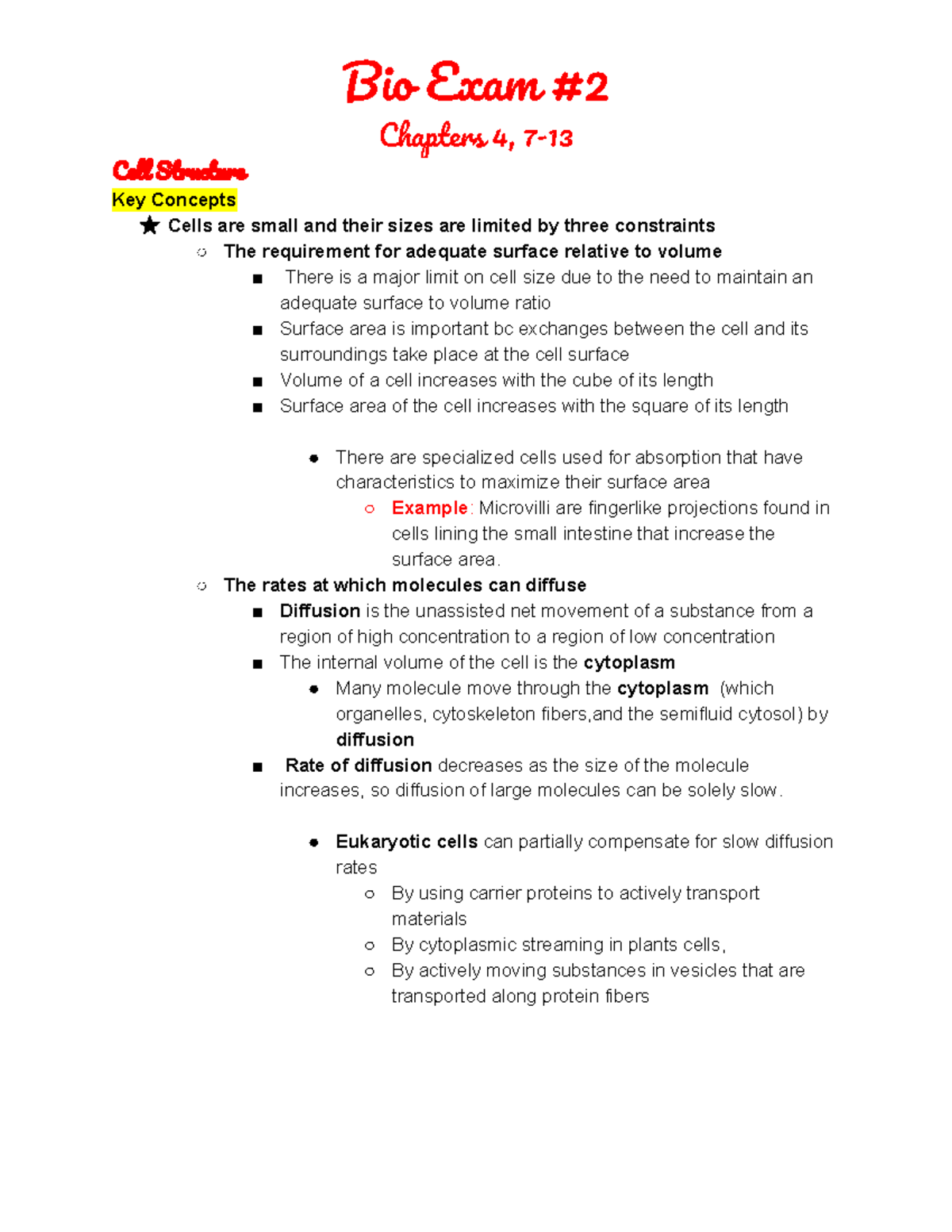 Exam 2- Bio 380 - Key concepts - Chapters 4, 7-13 Cell Structure Key ...