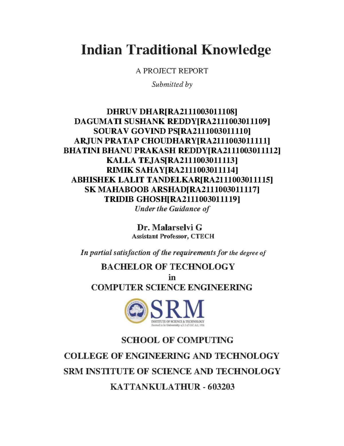 Team 1 ITK Final - Indian Traditional Knowledge A PROJECT REPORT ...