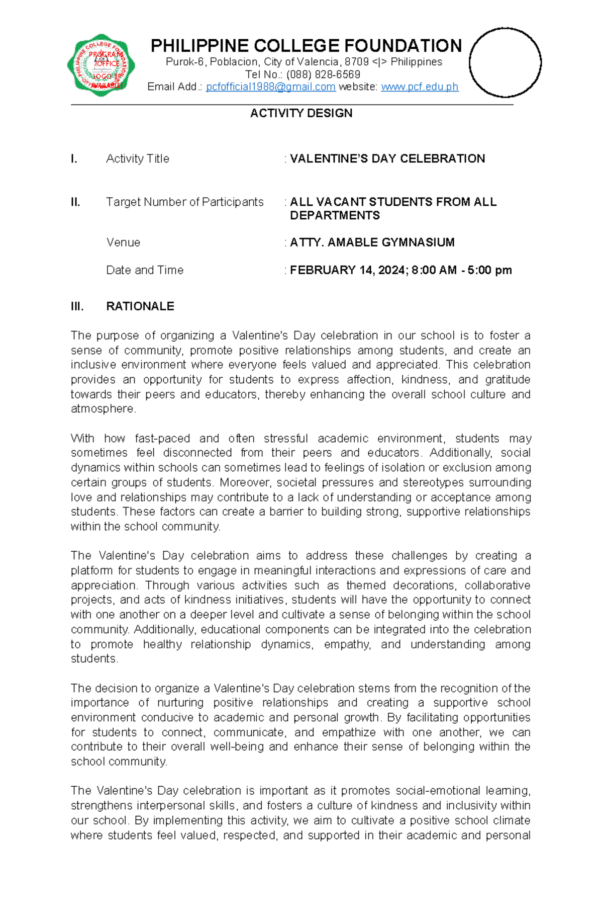 Activity Design Format - PROGRAM /OFFICE LOGO (IF AVAILABLE) Purok-6 ...