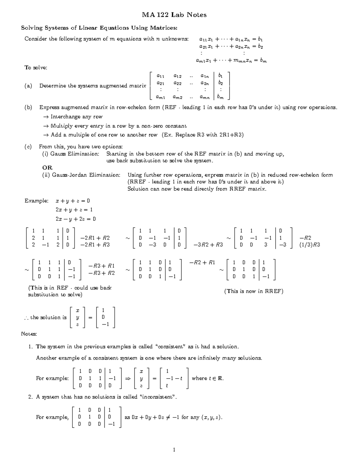 MA122notes lab4 - MA 122 Lab Notes Solving Systems of Linear Equations ...
