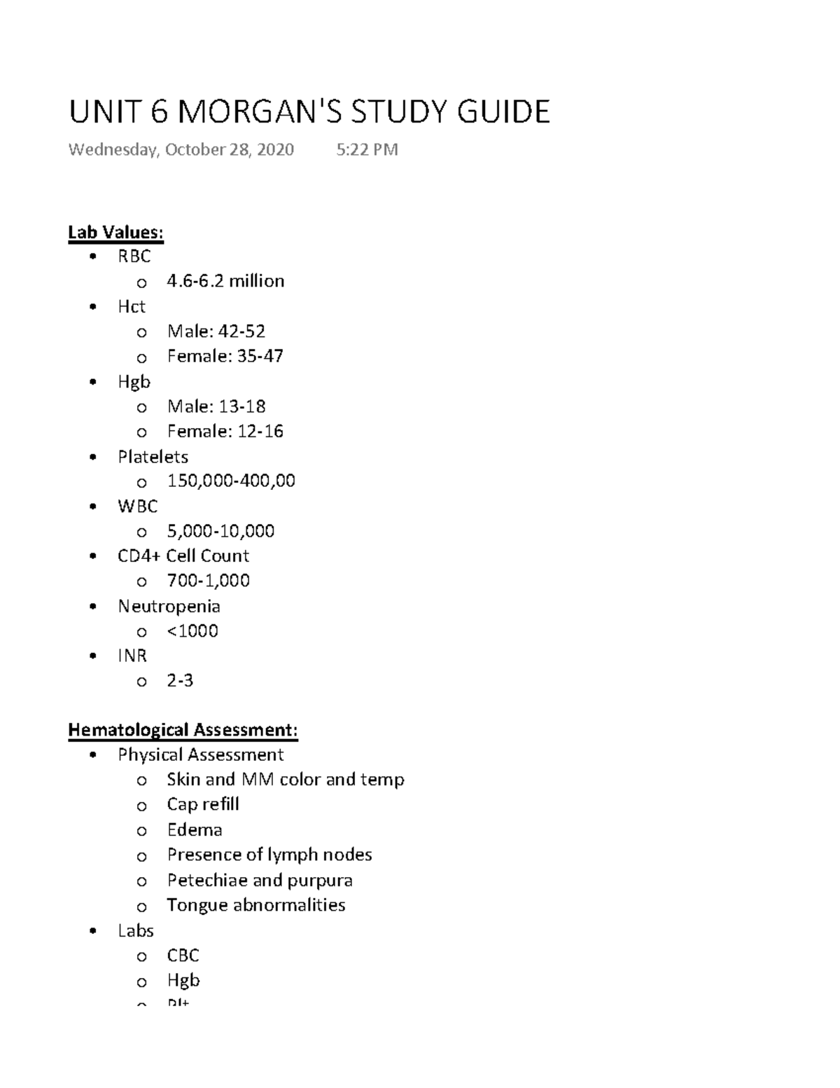 UNIT 6 Morgan'S Study Guide - Lab Values: RBC 4 -6 million • Hct Male ...