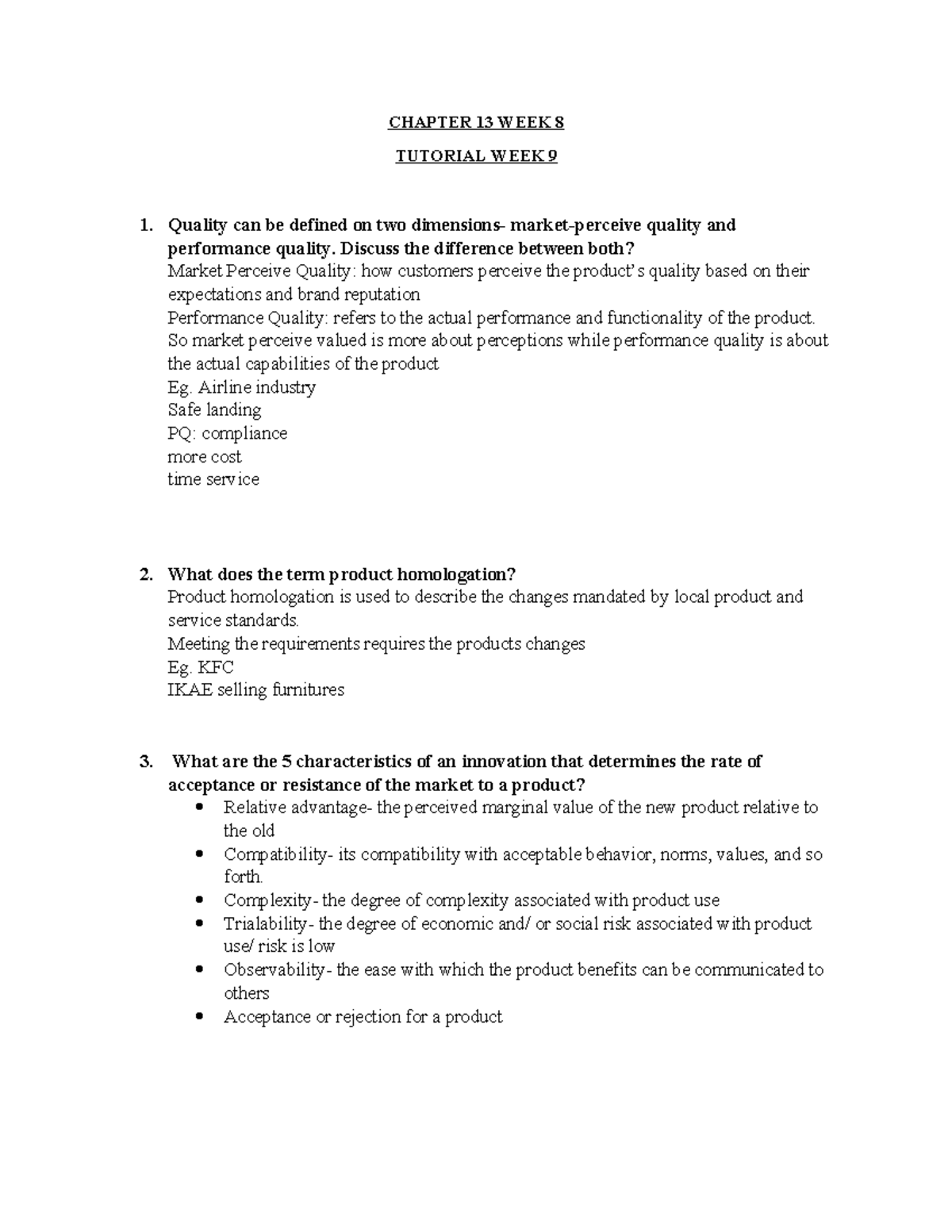 Chapter 13 WEEK 8 (tutorial week 9) - CHAPTER 13 WEEK 8 TUTORIAL WEEK 9 1. Quality can be ...