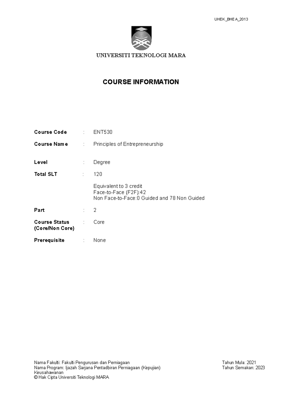 1.0 Silibus - RRRRRRRRRR - UNIVERSITI TEKNOLOGI MARA COURSE INFORMATION ...