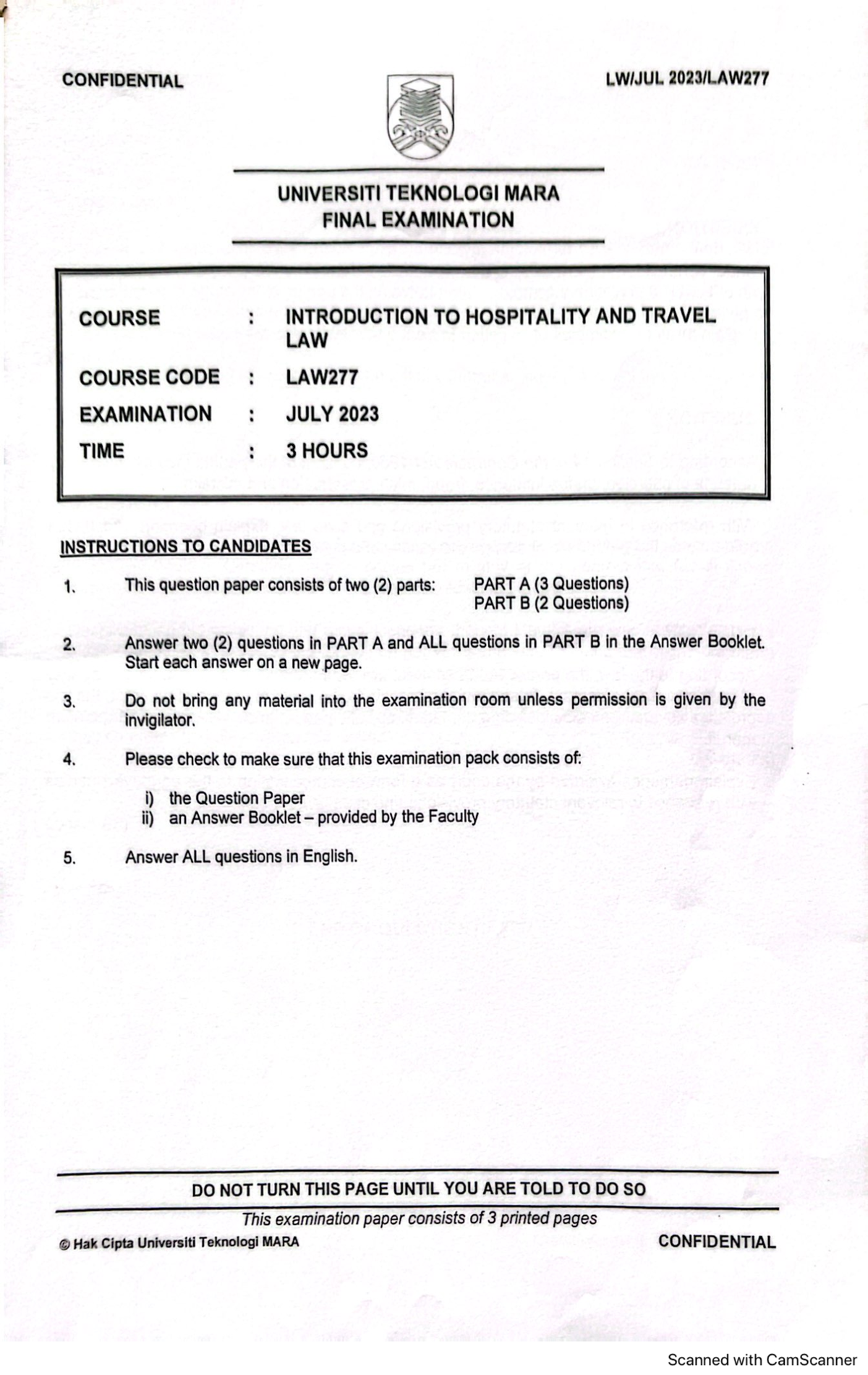 LAW277 JULY2023 - CONFIDENTIAL UNIVERSITI TEKNOLOGI MARA FINAL EXAMINATION COURSE : INTRODUCTION ...