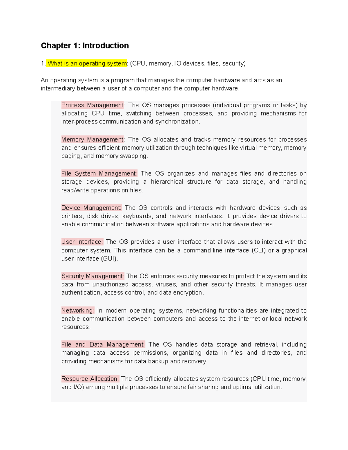 Operating System Chapter 1 - Chapter 1: Introduction What is an operating system: (CPU, memory ...