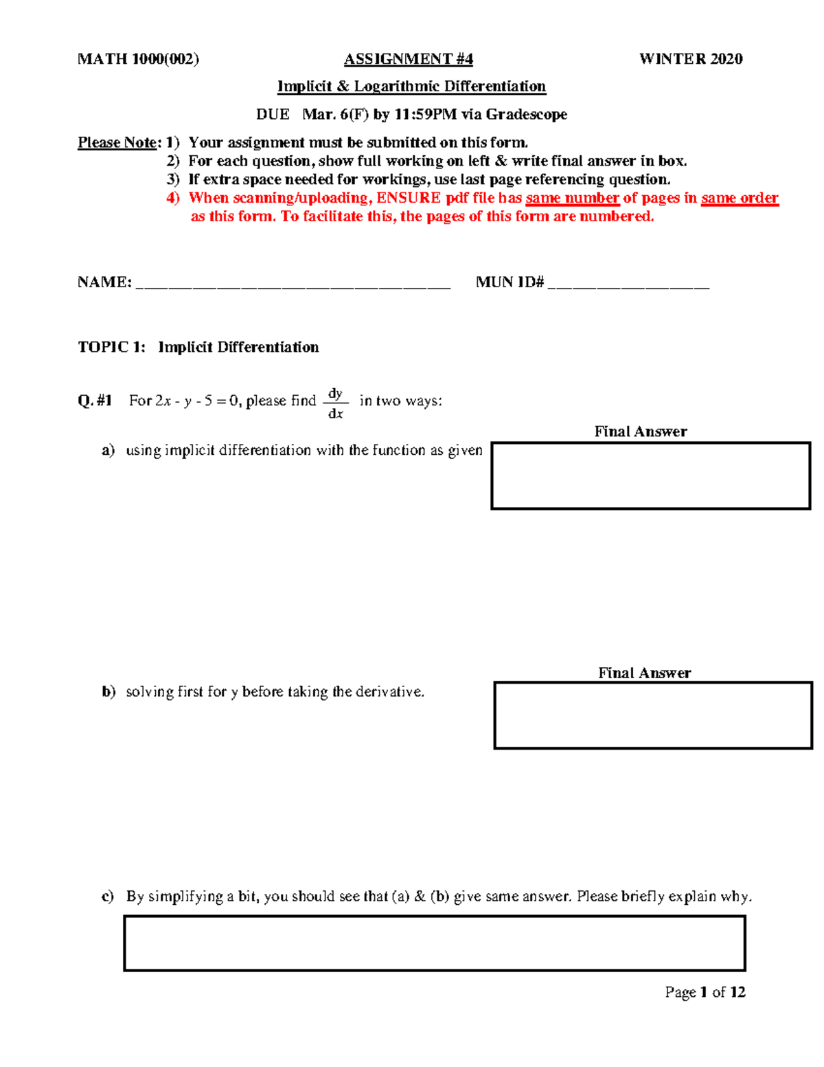 M1000 A4 2020(W) due Mar. 6 - MATH 1000(002) ASSIGNMENT #4 WINTER 2020 ...