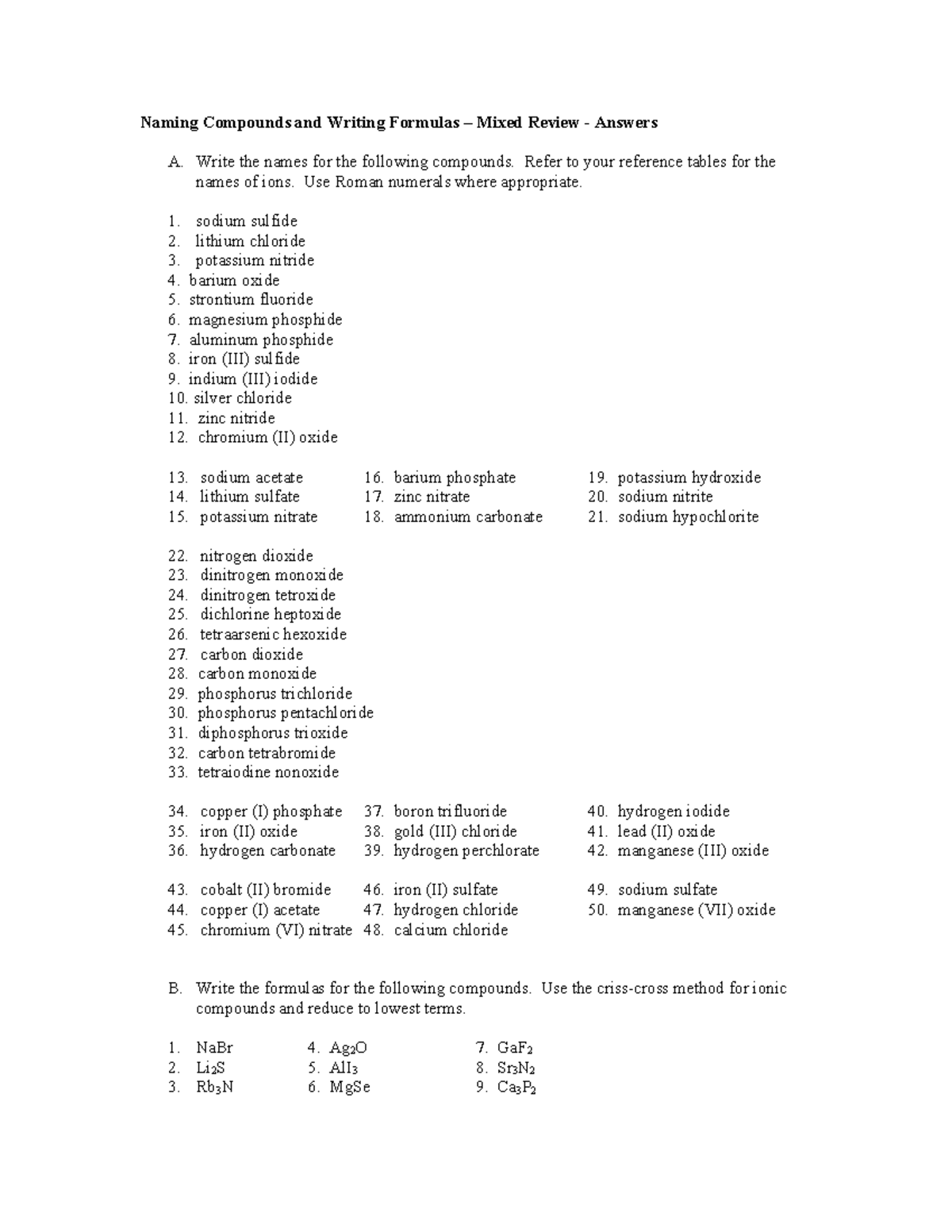 Naming Compounds and Writing Formulas answers - Naming Compounds and ...
