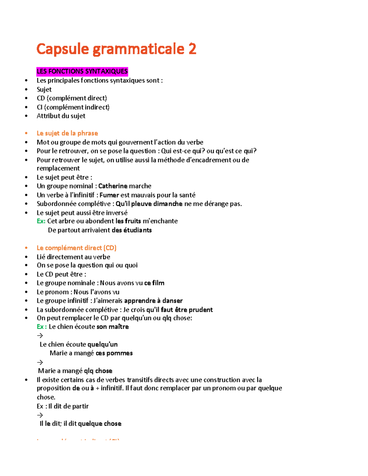 Capsule grammaticale 2 - LES FONCTIONS SYNTAXIQUES Les principales ...