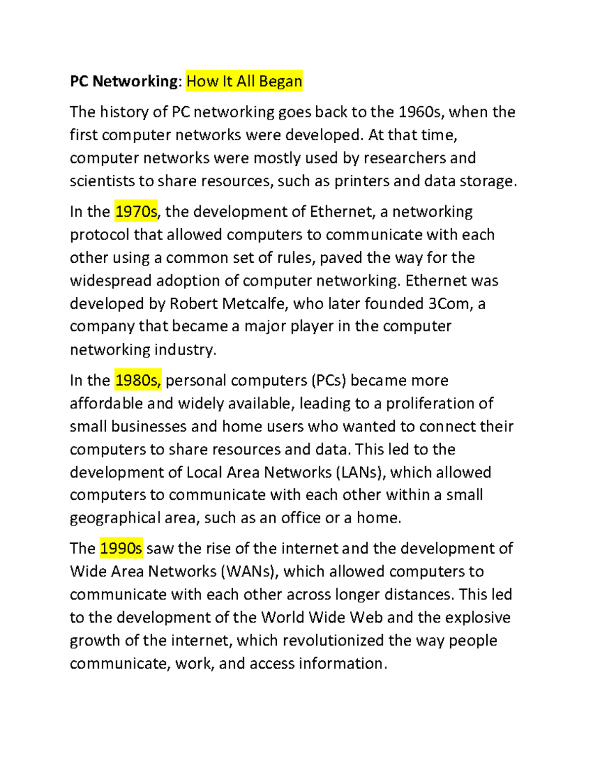 11.4 (10) - Tyler - PC Networking: How It All Began The history of PC ...