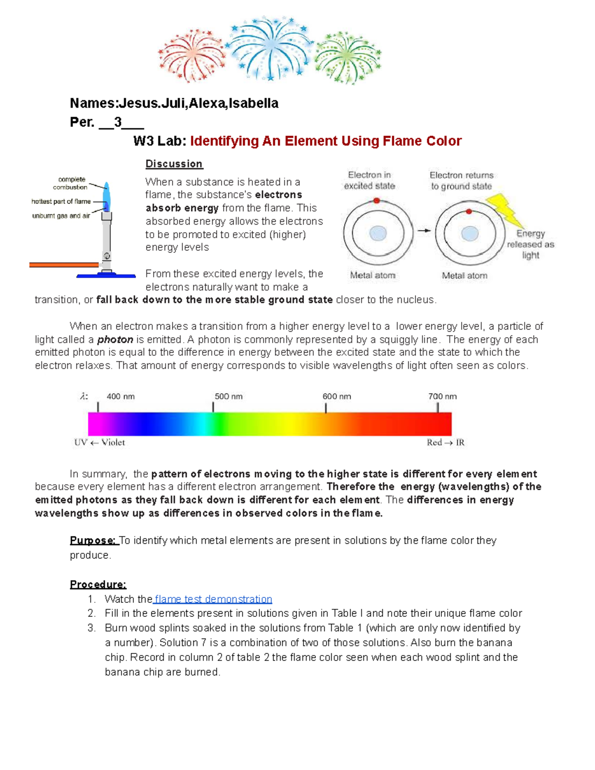 W6 Lab Identifying an Element by Flame Color - Names:Jesus,Alexa,Isabella Per. 3_ W3 Lab: - Studocu