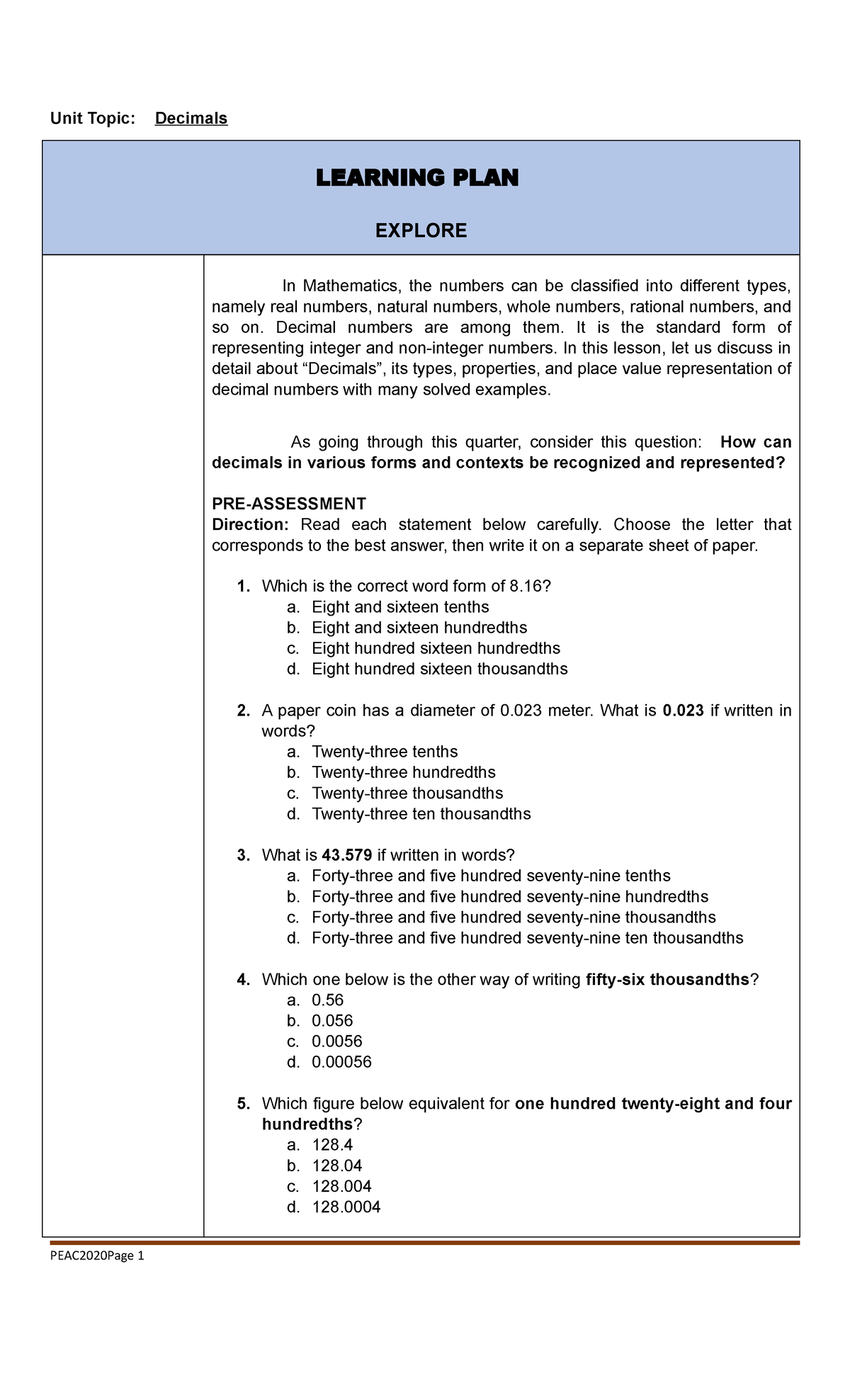 2nd Quarter Math 5 LEarning Plan - Unit Topic: Decimals LEARNING PLAN ...