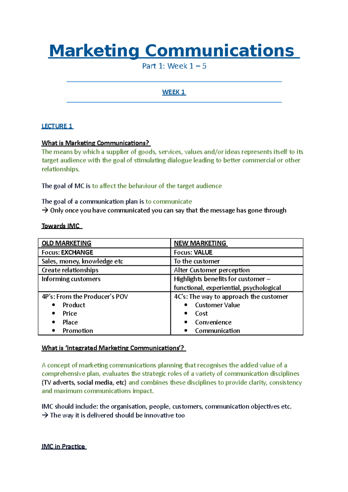 Marketing Communications Part 1 - weeks 1 – 5 - Marketing ...