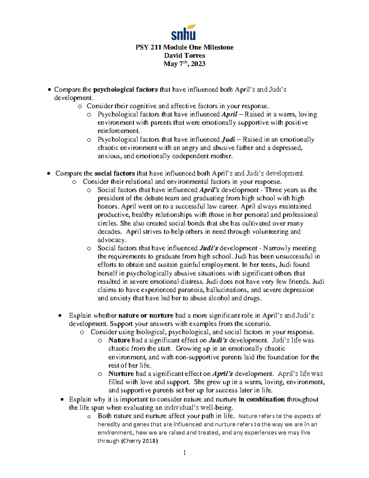 PSY 211 Module One Milestone - 1 PSY 211 Module One Milestone David Torres May 7th, 2023 Compare ...