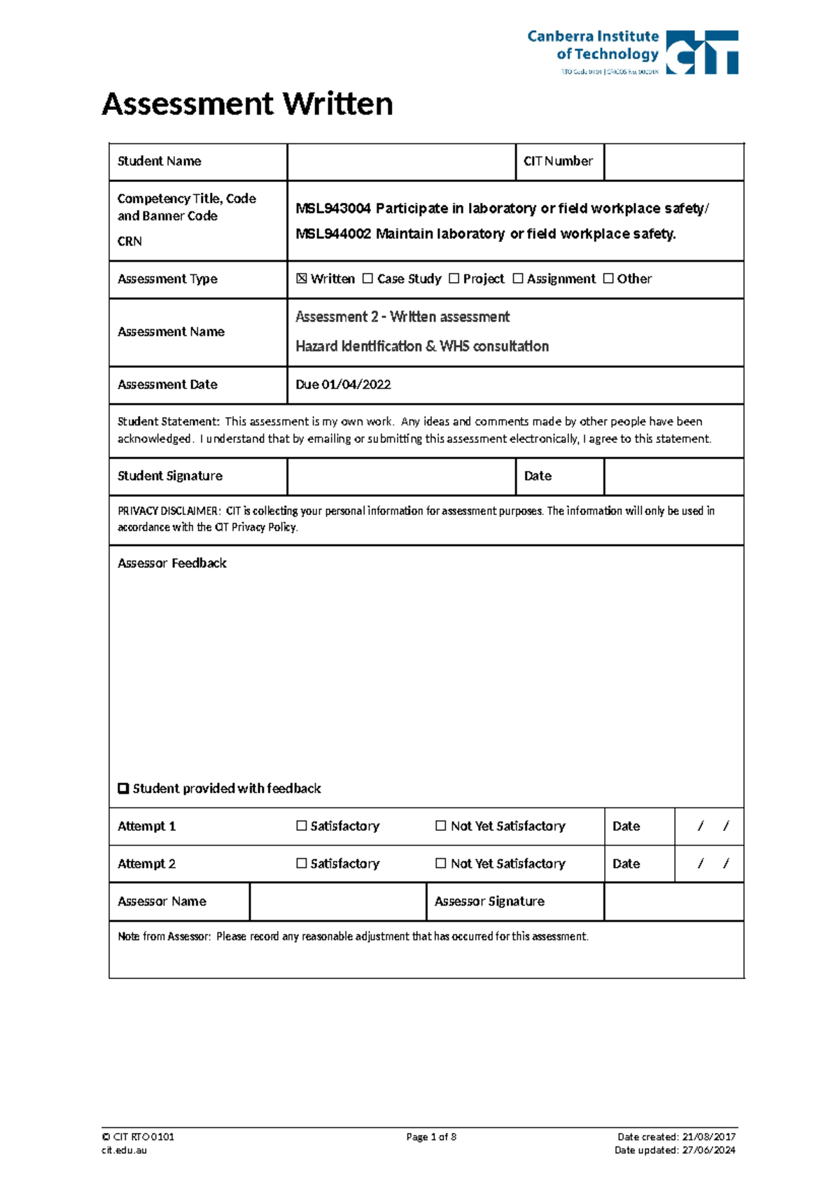 Assessment 2 - Hazard identification WHS consultation - Assessment ...