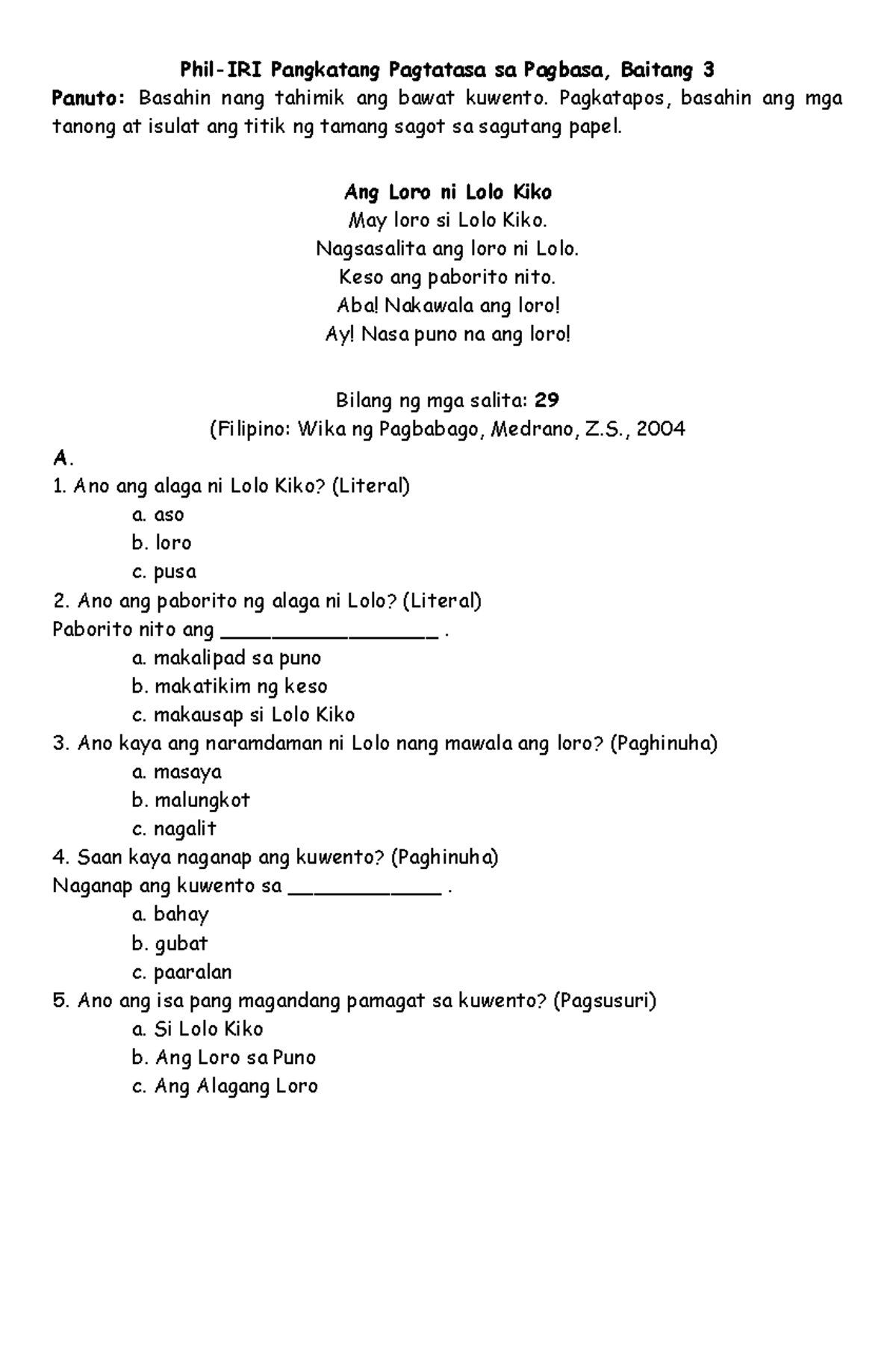 Phil iri-Filipino GST for Grade 3 - Phil-IRI Pangkatang Pagtatasa sa ...