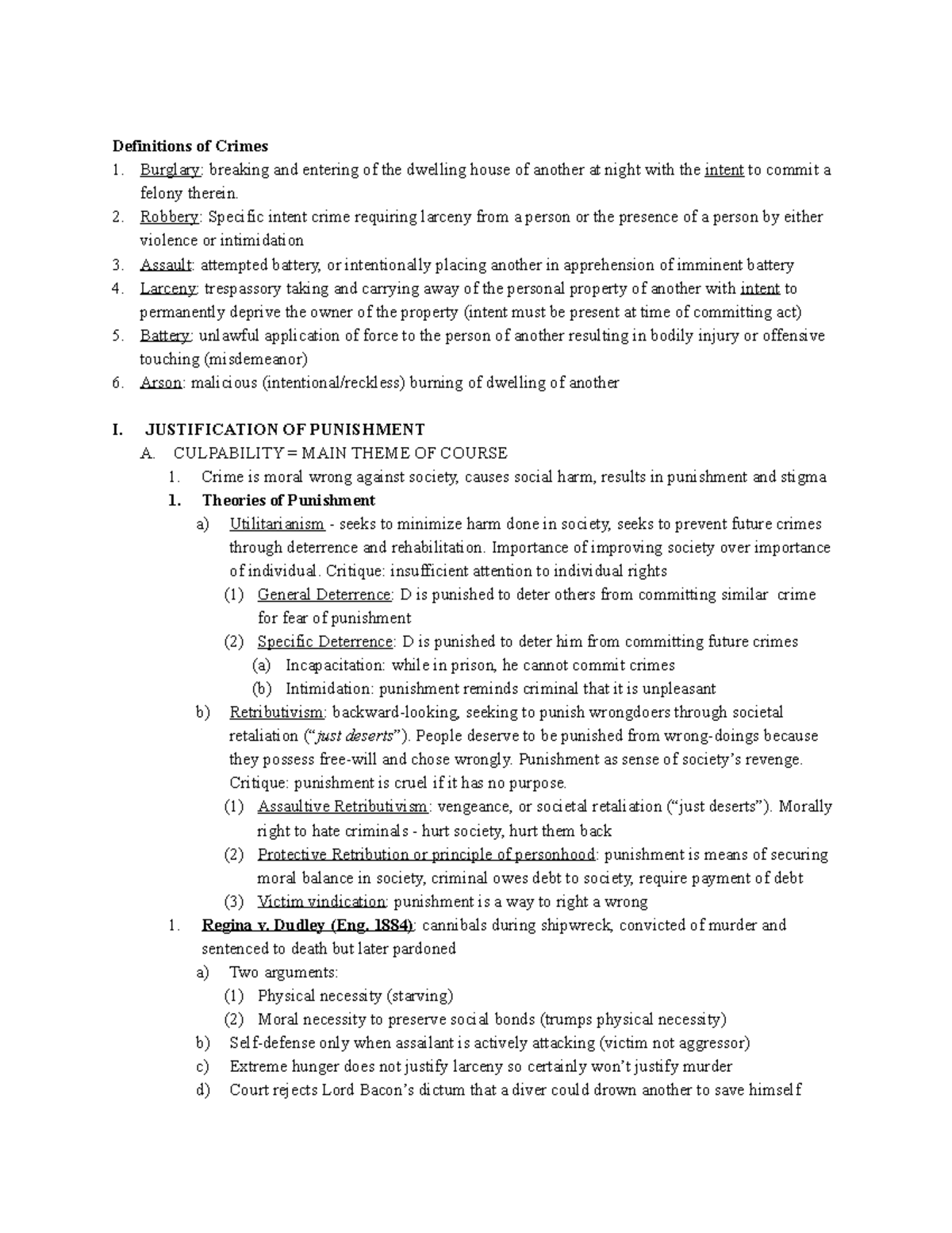 Criminal Law Outline - 2 - Definitions of Crimes Burglary: breaking and ...