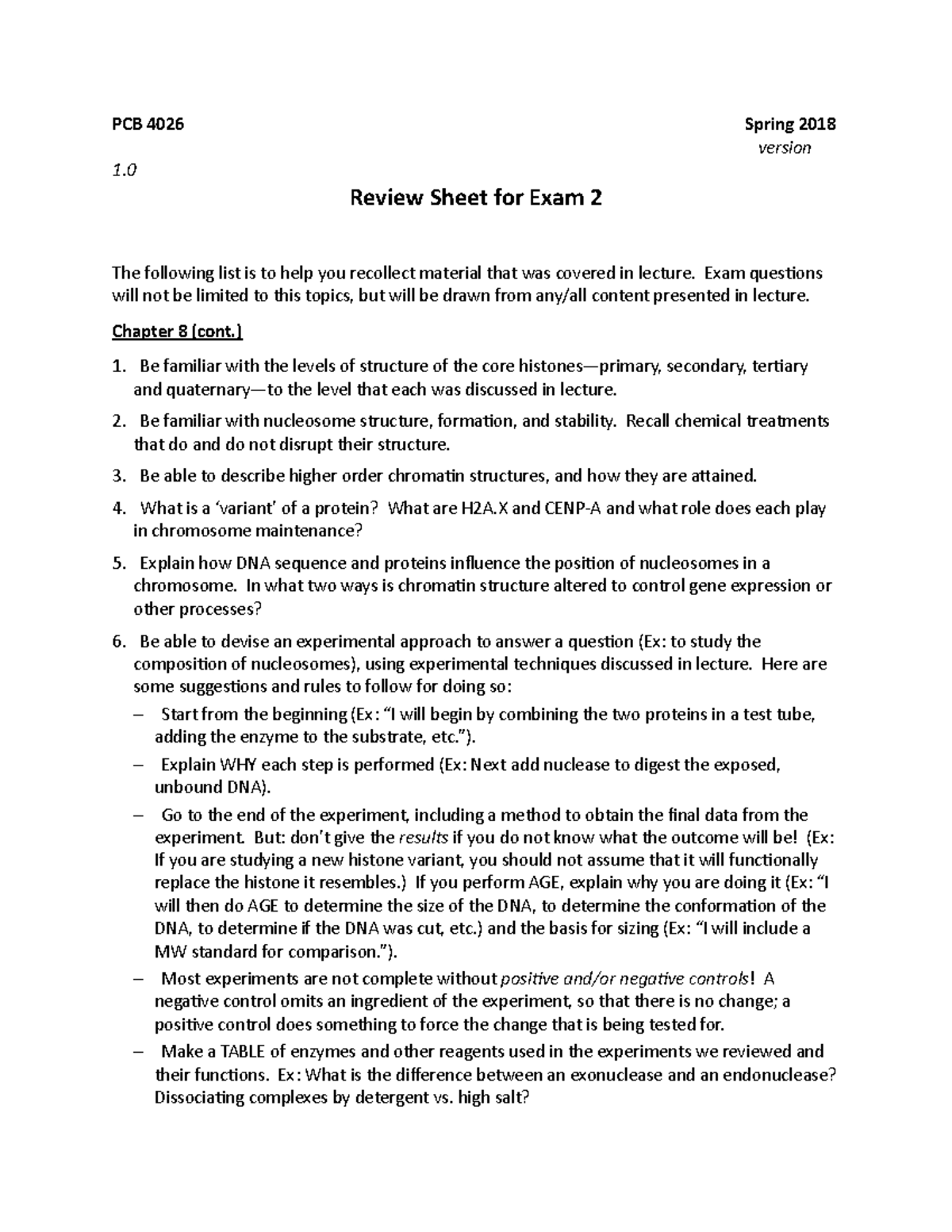 Topical list for Exam 2 - Spring 2018 - PCB 4026 Spring 2018 version 1 ...