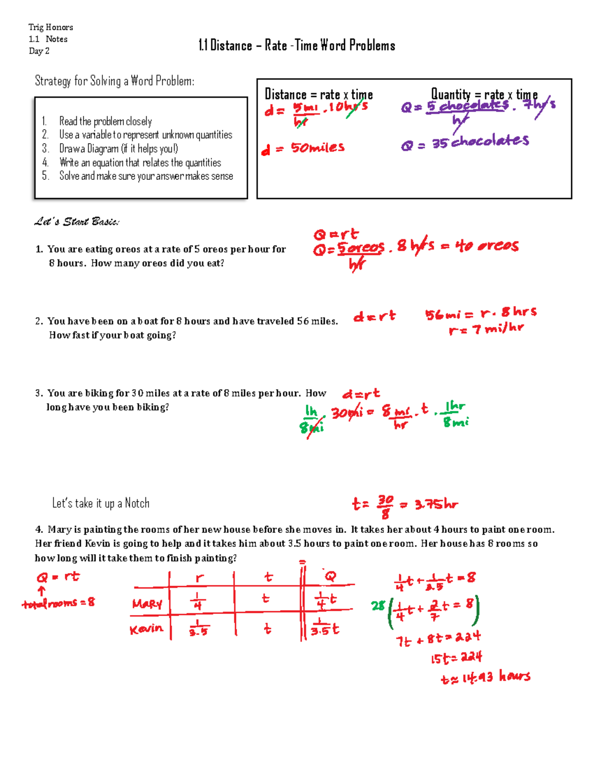 Rate-problems - 1 Distance – Rate -Time Word Problems Strategy for ...