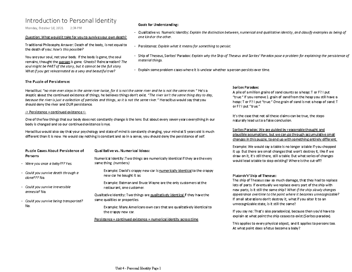 Lecture 4.1 Introduction to Personal Identity - Goals for Understanding ...