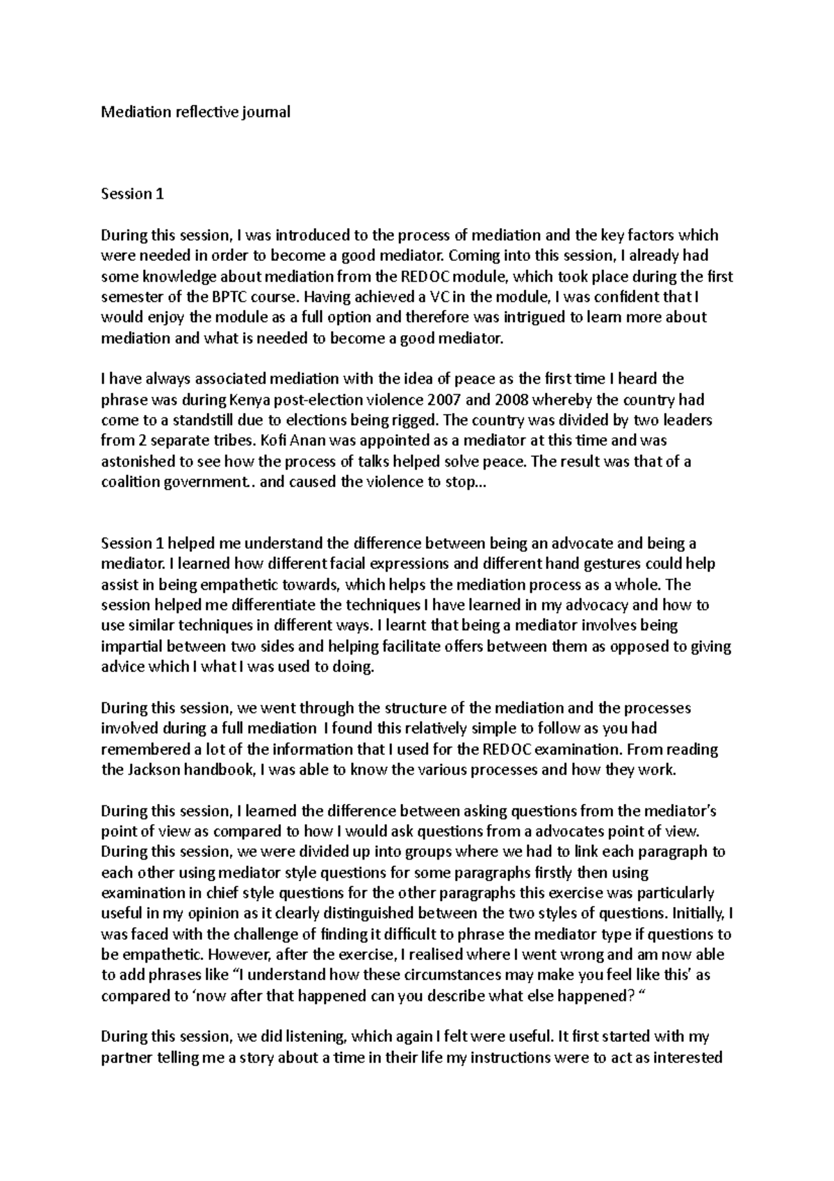 Mediation reflective journal - Mediation reflective journal Session 1 ...