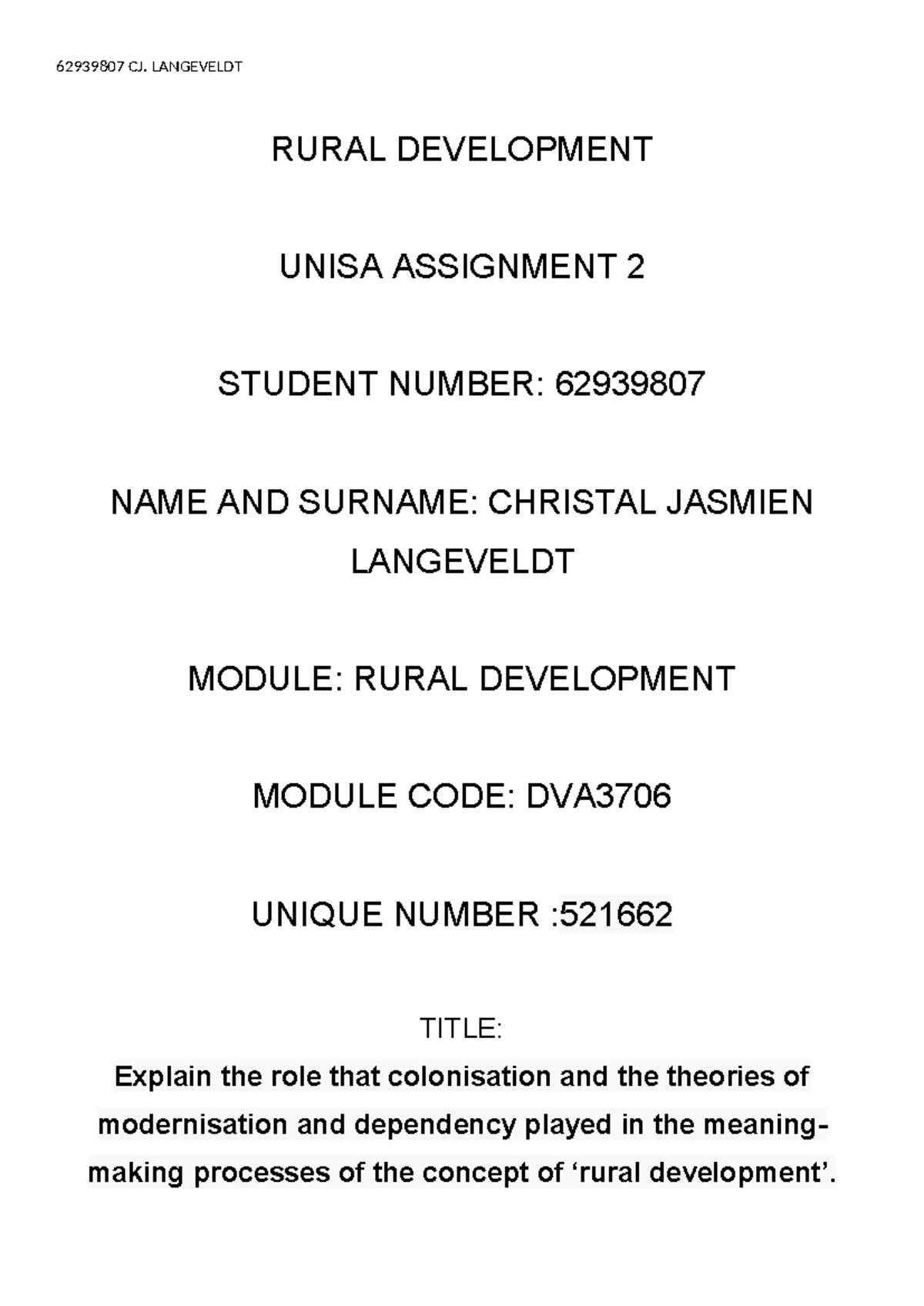DVA3607 Assigment 1 - essay - RURAL DEVELOPMENT UNISA ASSIGNMENT 2 ...