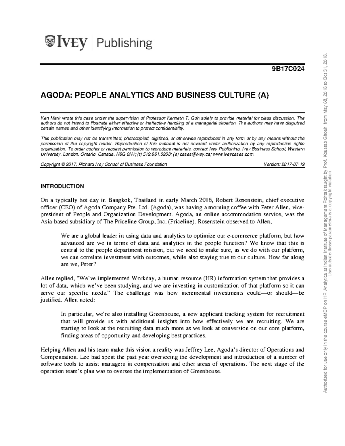 Agoda 09 - Case Study - Indian Institute of Management - 9B17C AGODA: PEOPLE ANALYTICS AND ...