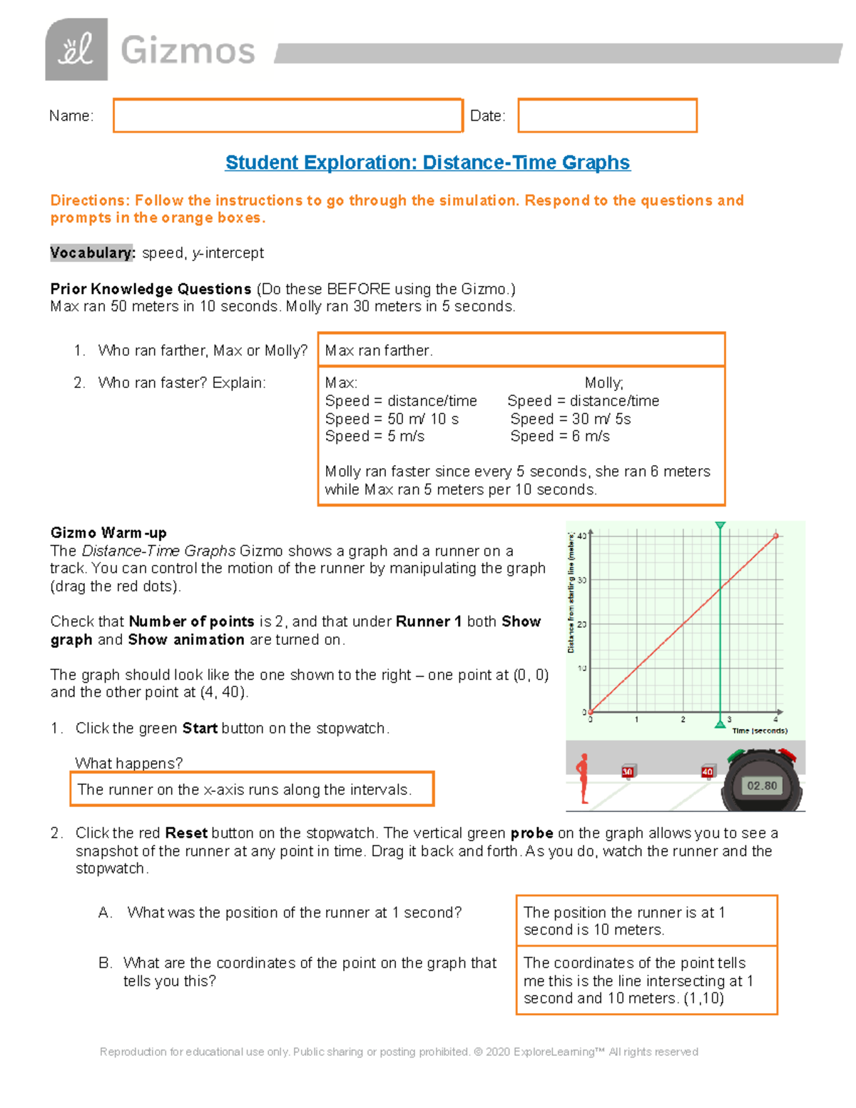 Distance vs Time Graphs - Name: Date: Student Exploration: Distance ...