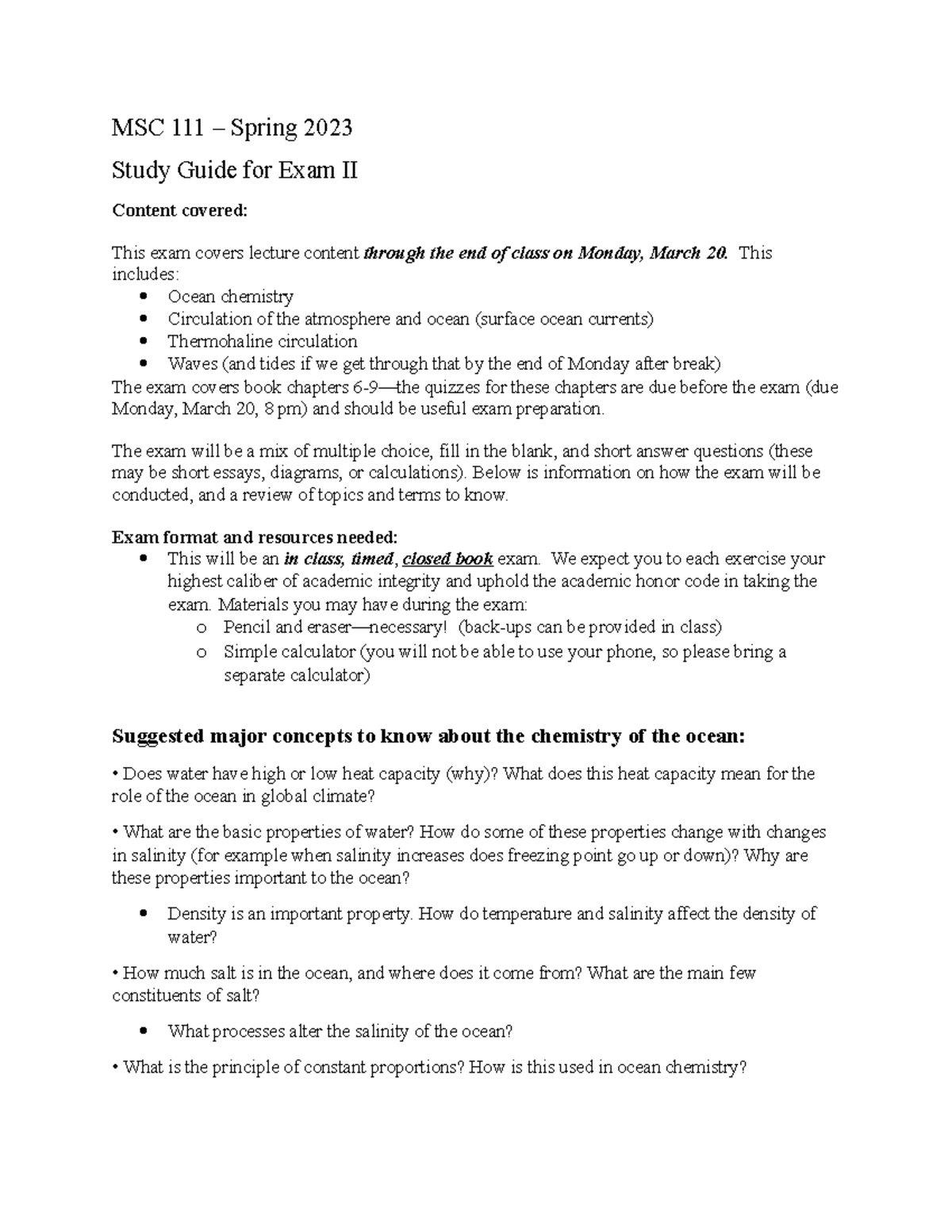 MSC 111 Study Guide for Exam II - MSC 111 – Spring 2023 Study Guide for ...