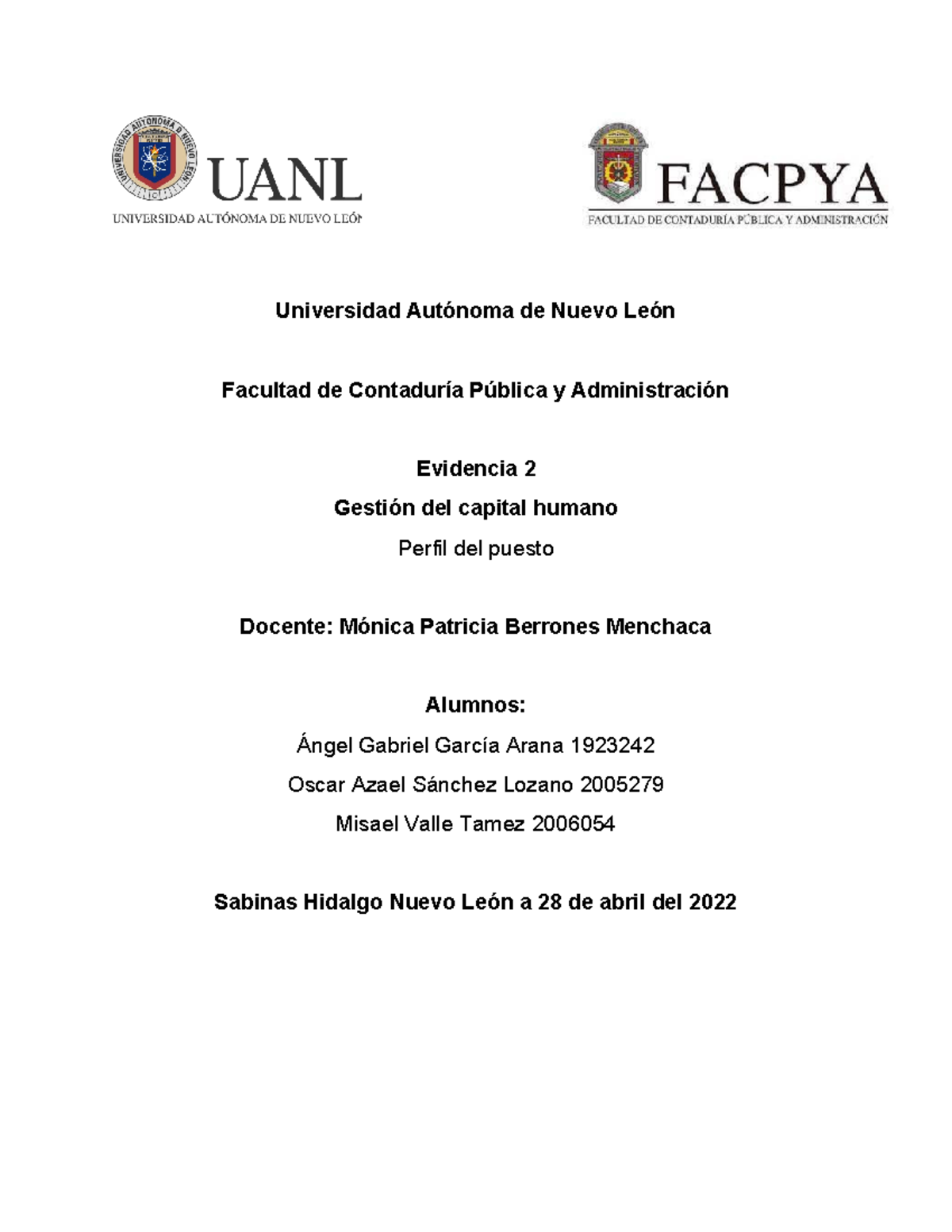 EQ3 EV2 GCH - Evidencia 2 - Universidad Autónoma de Nuevo León Facultad de Contaduría Pública y ...