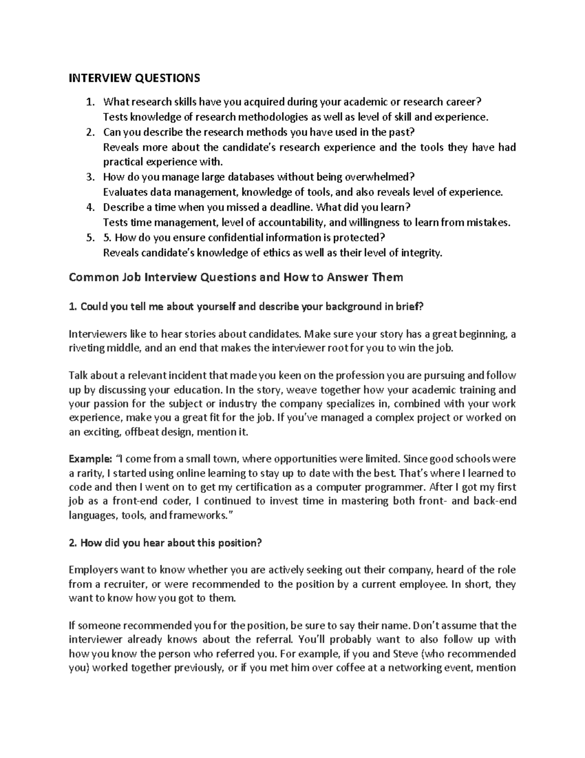 Interview Questions - INTERVIEW QUESTIONS What research skills have you ...