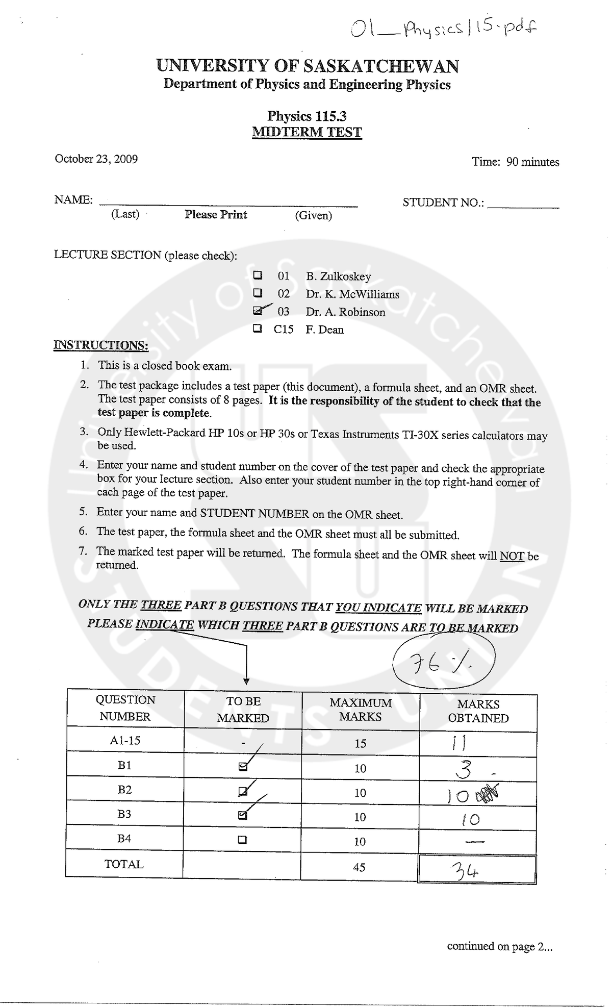 Exam 2009, questions and answers - TS Department of Physics and ...