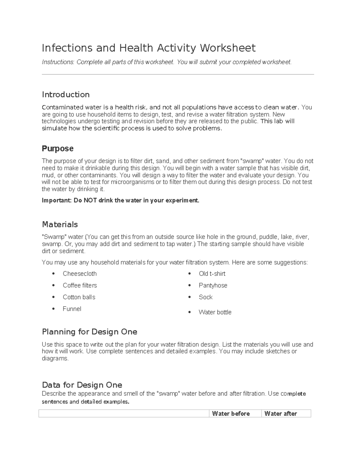 Activity worksheet - Infections and Health Activity Worksheet ...