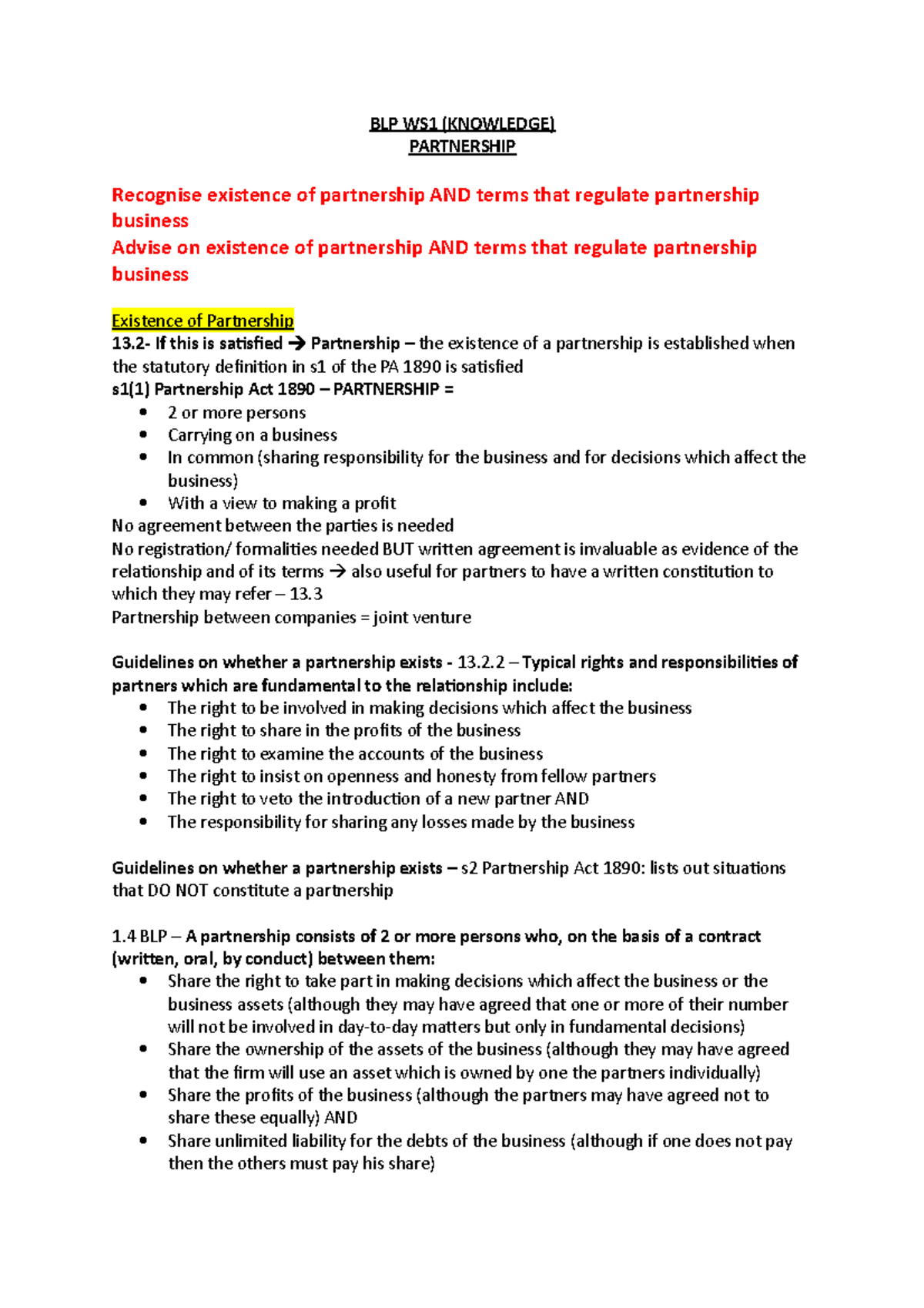 WS 1 -Partnership - Notes - BLP WS1 (KNOWLEDGE) PARTNERSHIP Recognise ...