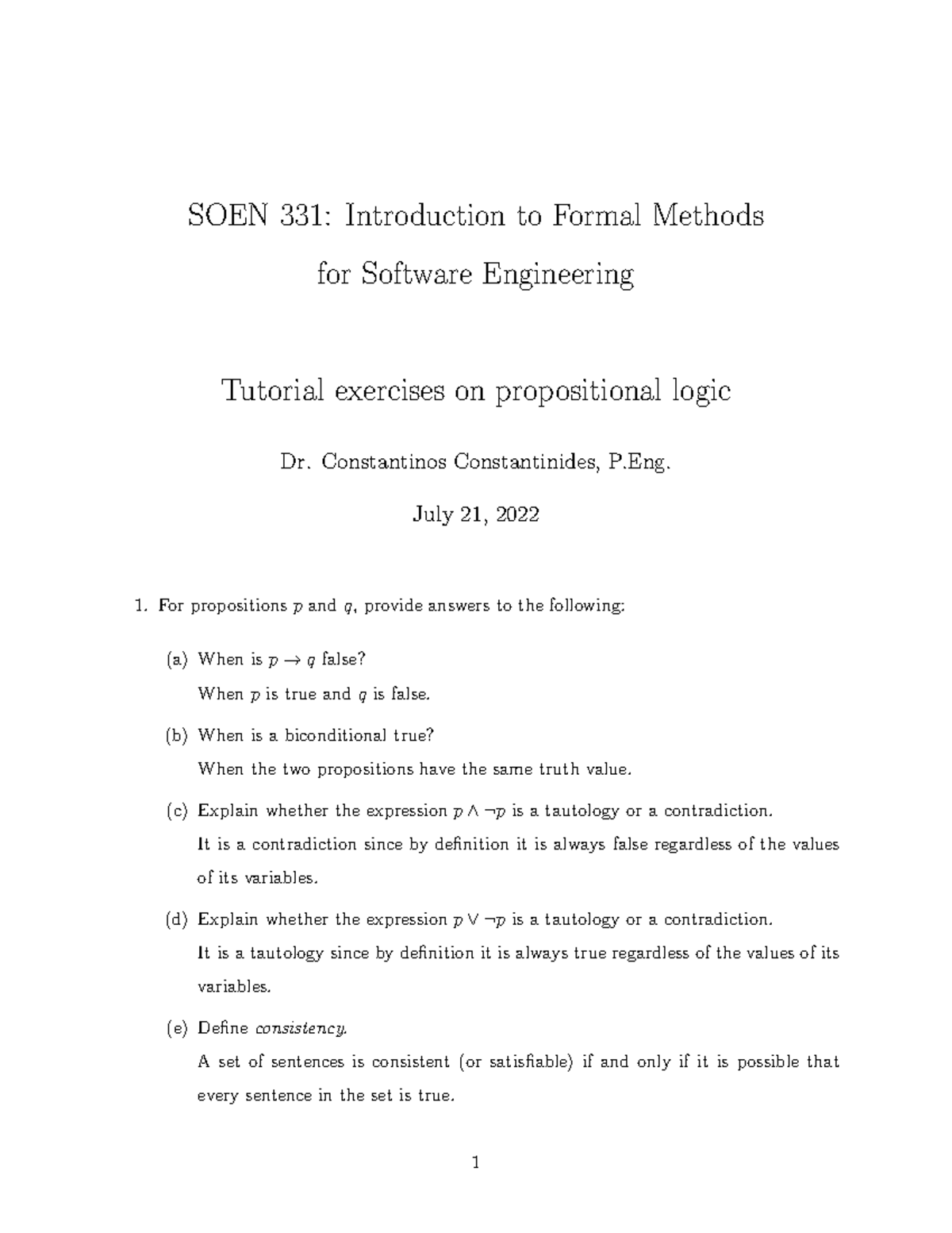 1 tut propositional logic - SOEN 331: Introduction to Formal Methods for Software Engineering ...