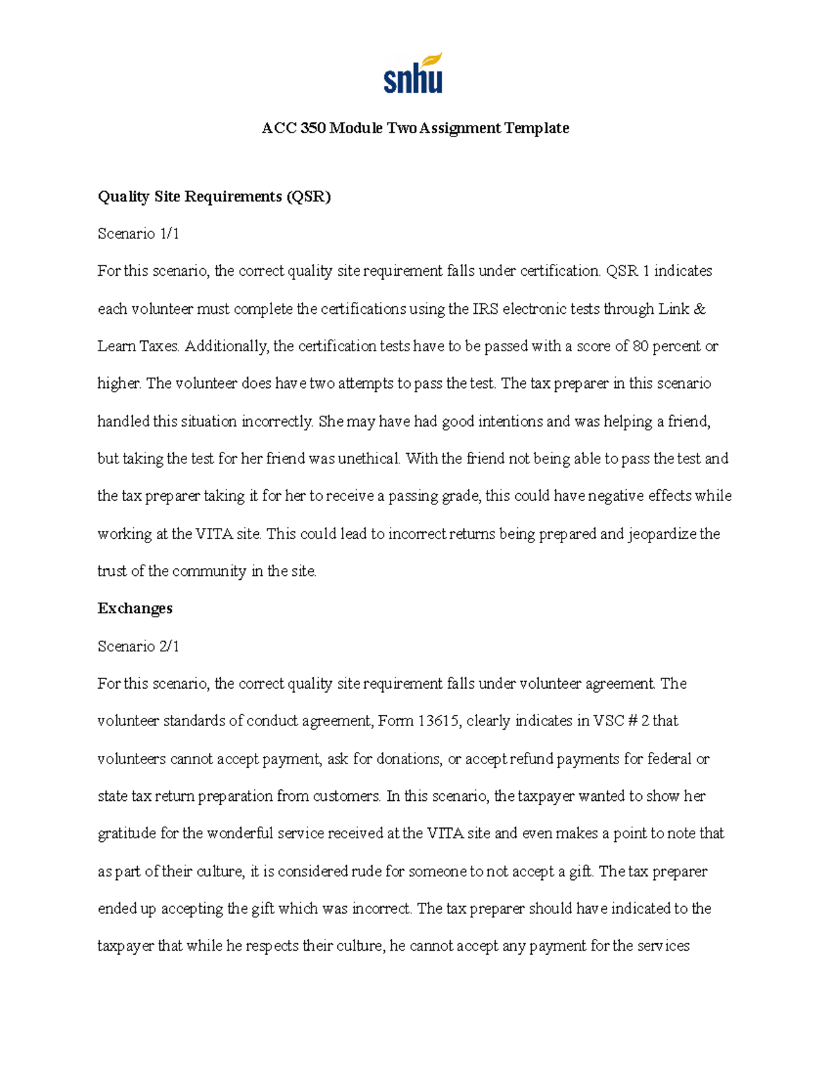 ACC 350 Module Two Assignment - QSR 1 indicates each volunteer must ...