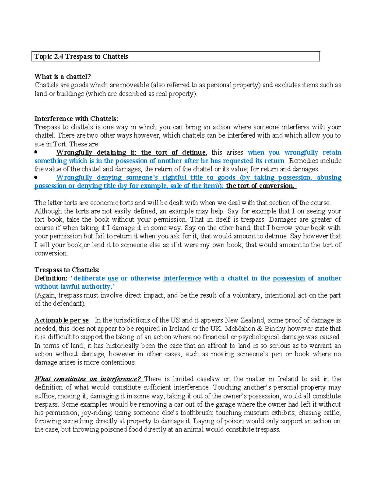 Trespass land chattels - Topic 2 Trespass to Chattels What is a chattel ...