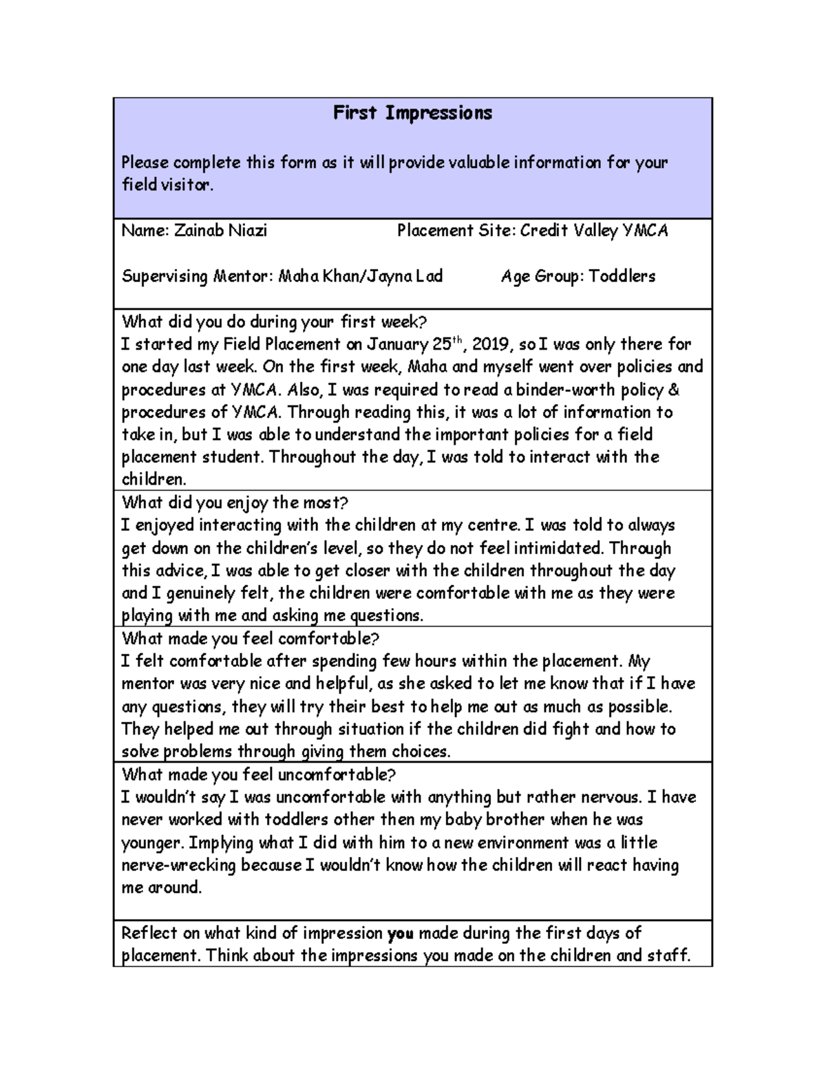 Class 3 or 4 First Impressions Form - First Impressions Please complete ...