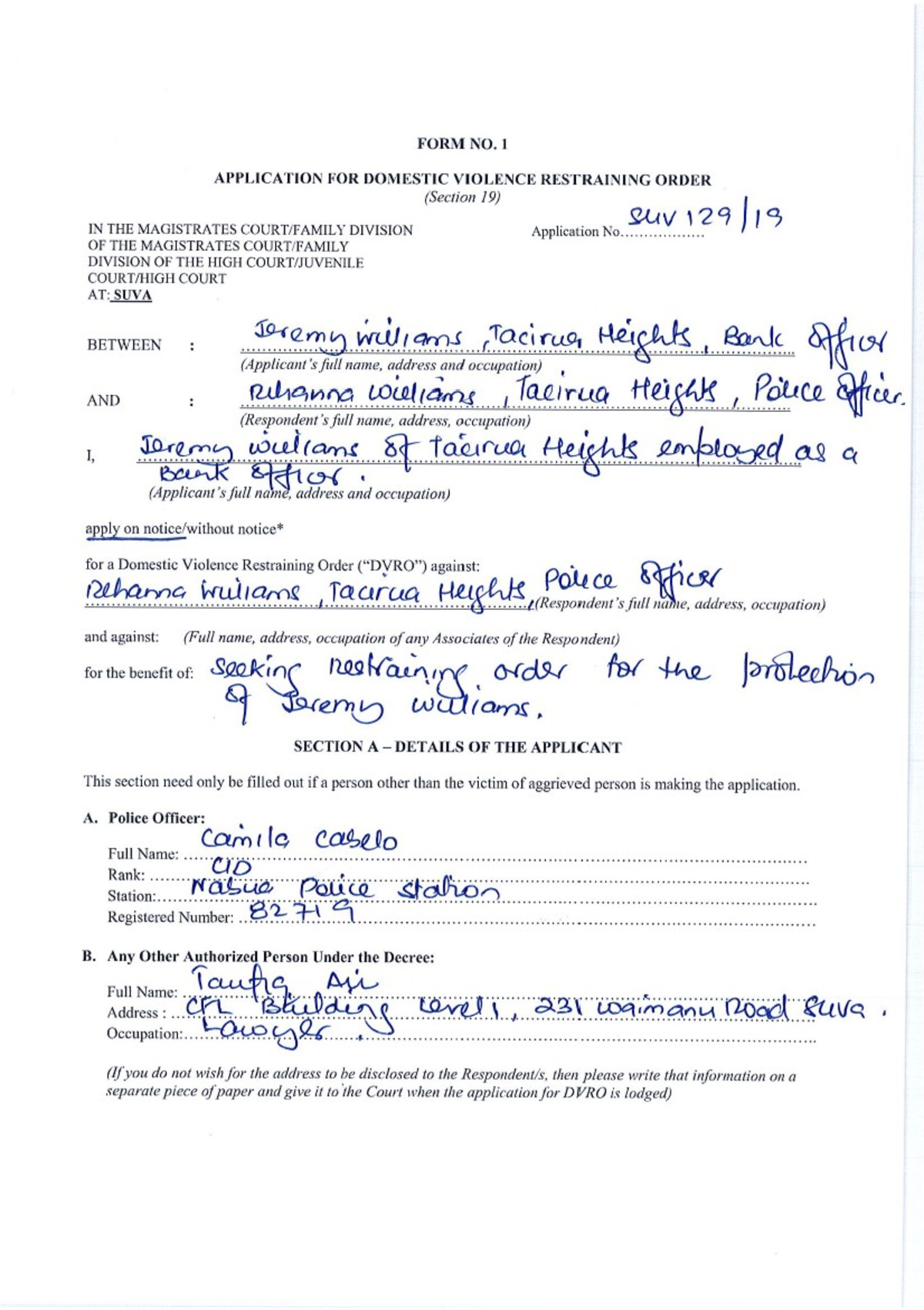 DVRO Form 1 Jeremy Williams & Rihanna Williams - Property law - StuDocu