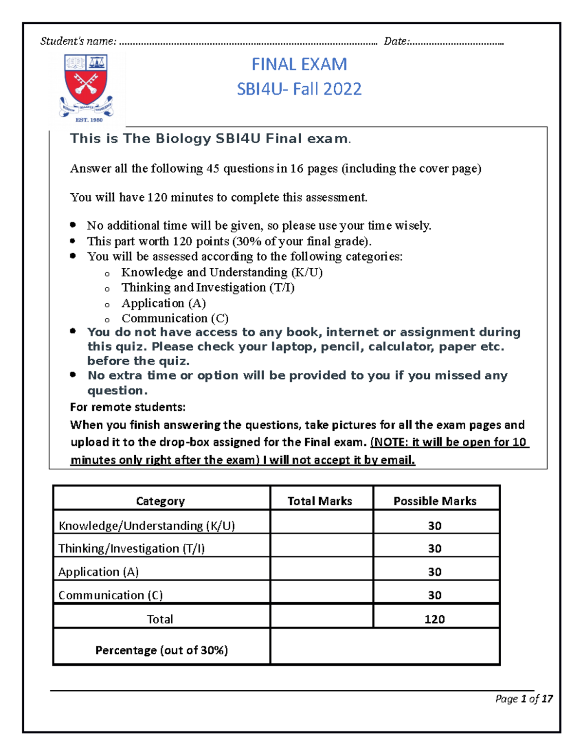SBI4U Final Exam - Fall 2022678 - f Category Total Marks Possible Marks ...
