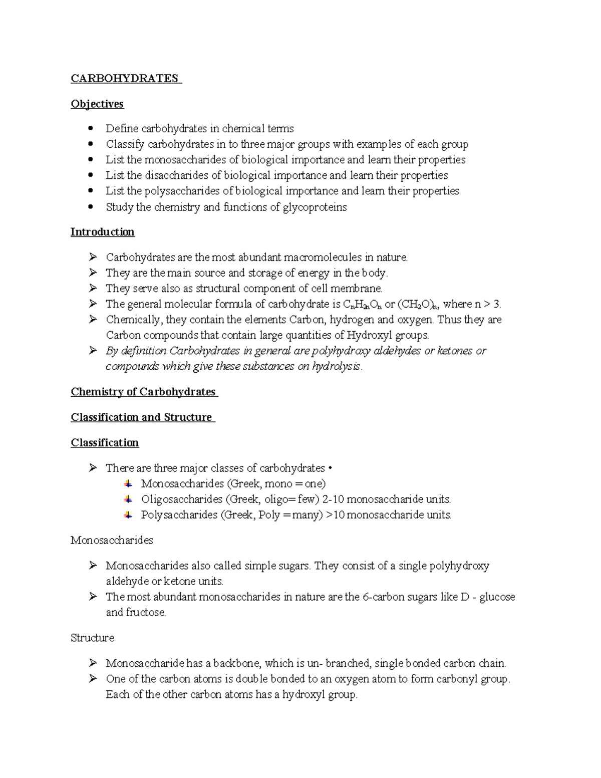 Intro TO Carbohydrates Notes - CARBOHYDRATES Objectives Define ...