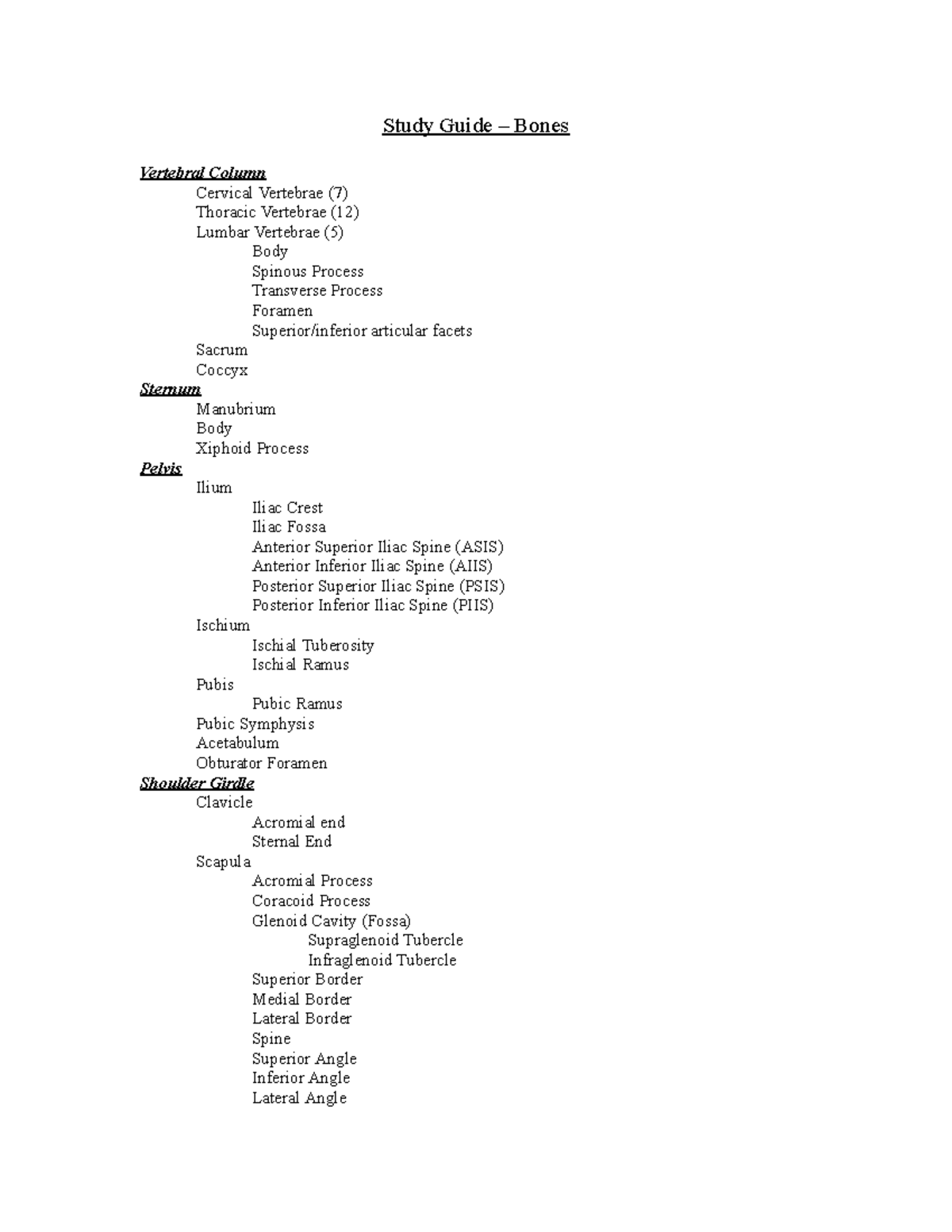 Study guide bones.doc - Study Guide – Bones Vertebral Column Cervical ...