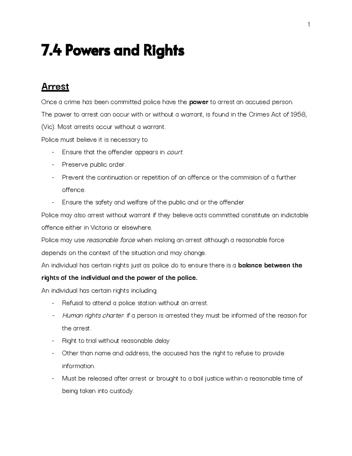 Legal Studies AOS 3 Unit 1 - 7 Powers and Rights Arrest Once a crime ...