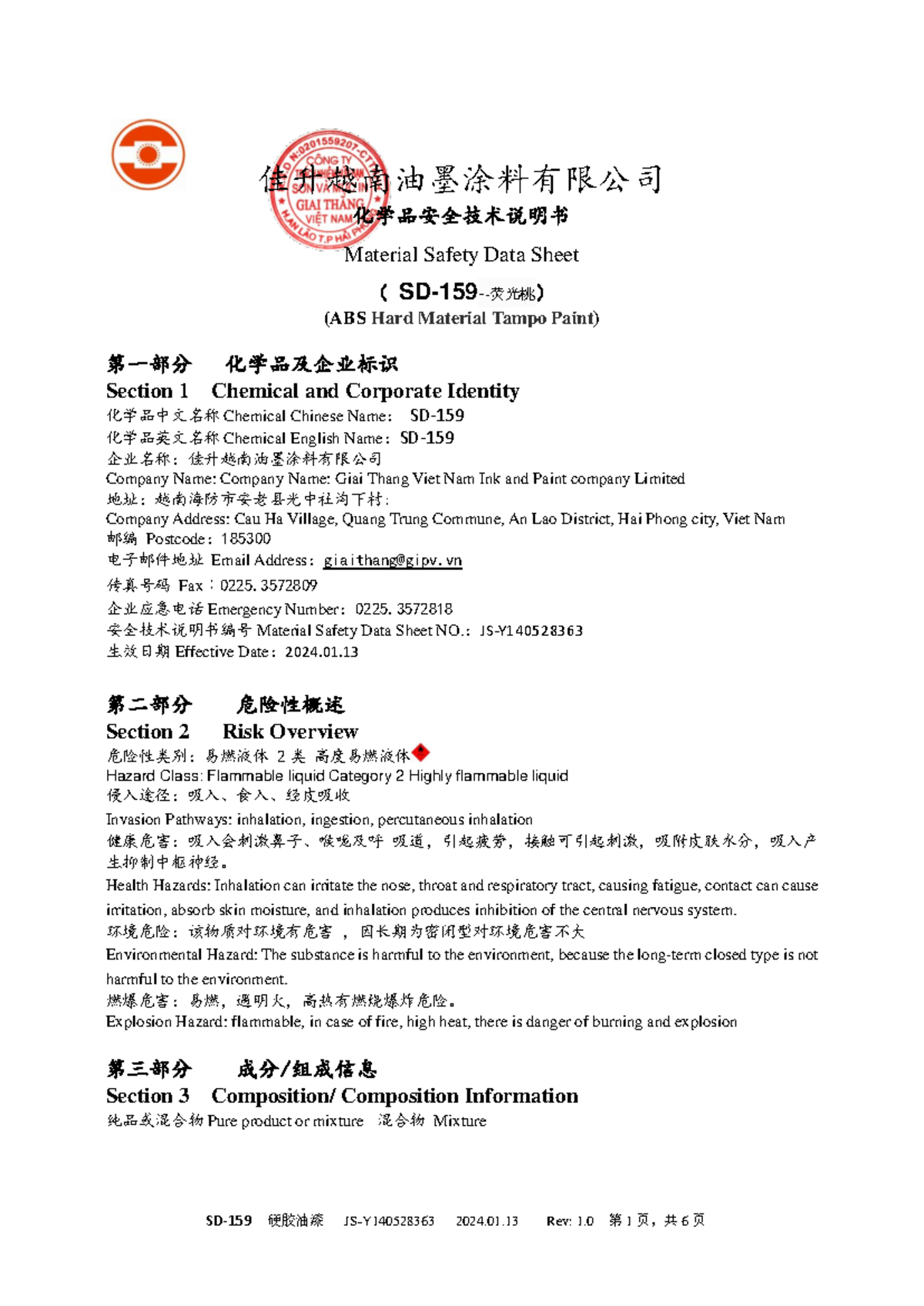 SD-159-Fluorescent Peach Paint SDS - 佳升越南油墨涂料有限公司 化学品安全技术说明书 Material ...