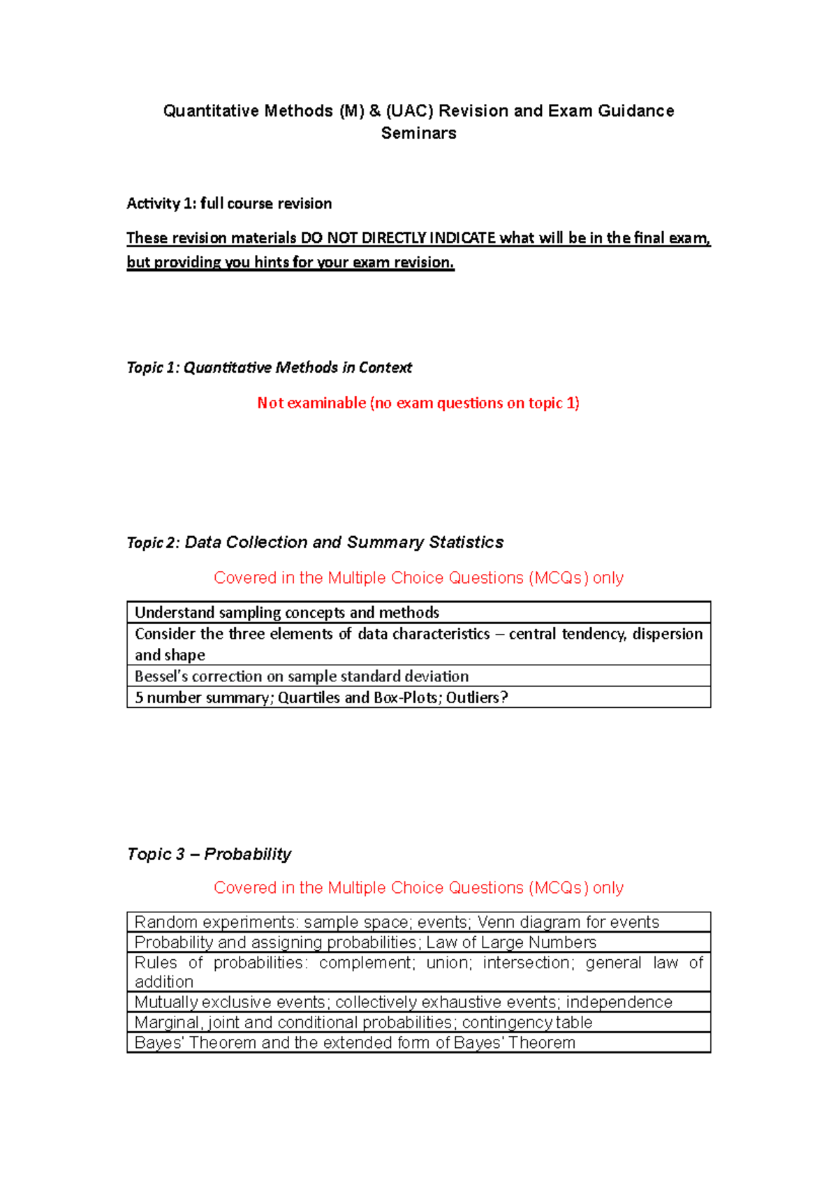Week 12 revision seminar - Quantitative Methods (M) & (UAC) Revision ...