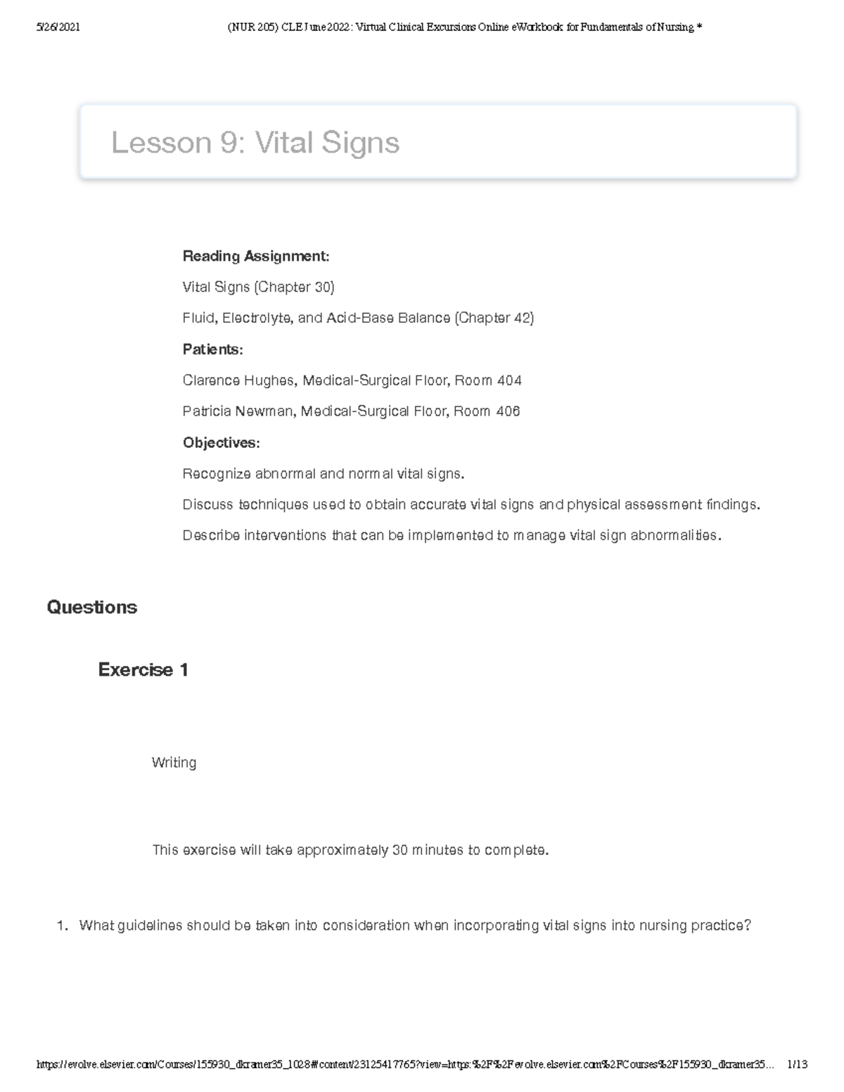Lesson 9 Vital Signs - VCE WORKBOOK FOR CLINICALS. WHY IS THIS TOO ...