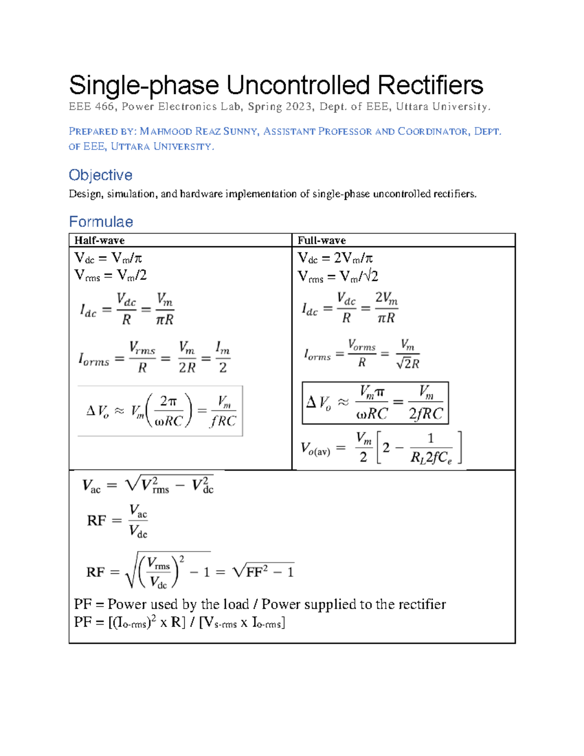 Design of Single-phase Uncontrolled Rectifier - Single-phase Uncontrolled Rectifiers EEE 466 ...